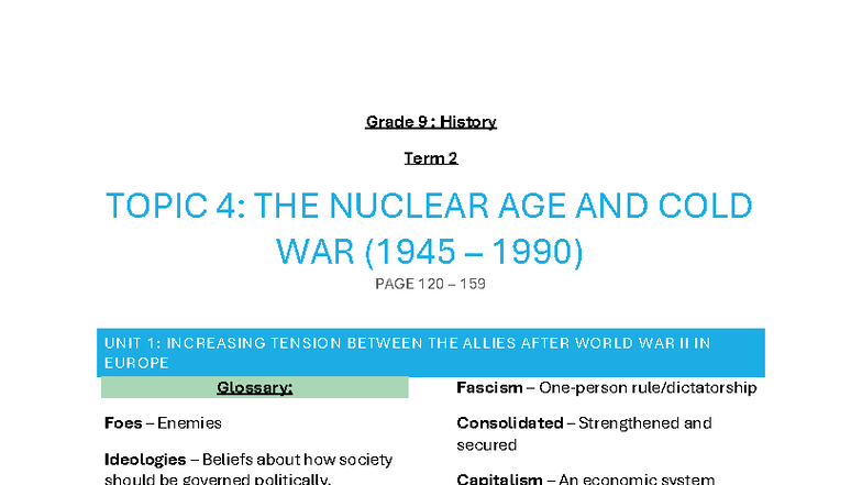 Grade 9 History Term 2: The Nuclear Age & Cold War (1945-1990) Overview ...