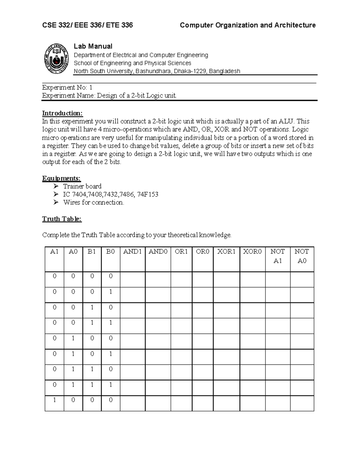 Exp-01logic-unit - 2-bit Logic unit part of ALU - Warning: TT: undefined function: 32 Lab Manual ...