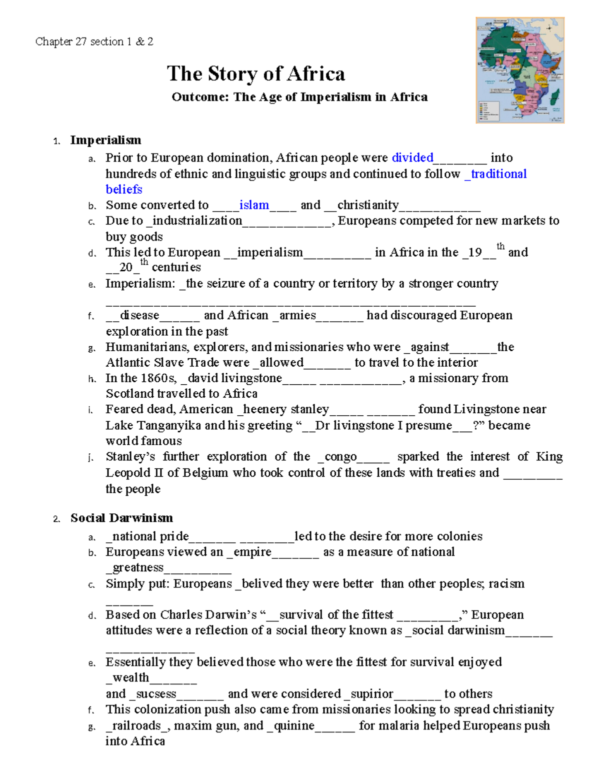 Chapter 27: The Age of Imperialism in Africa - Guided Notes (HIST 101 ...