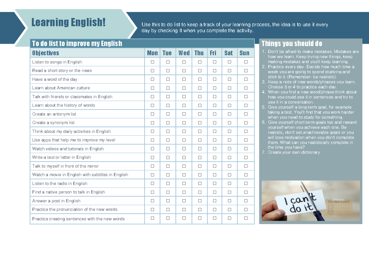 TO DO LIST: Improve Your English Skills Daily - Studocu