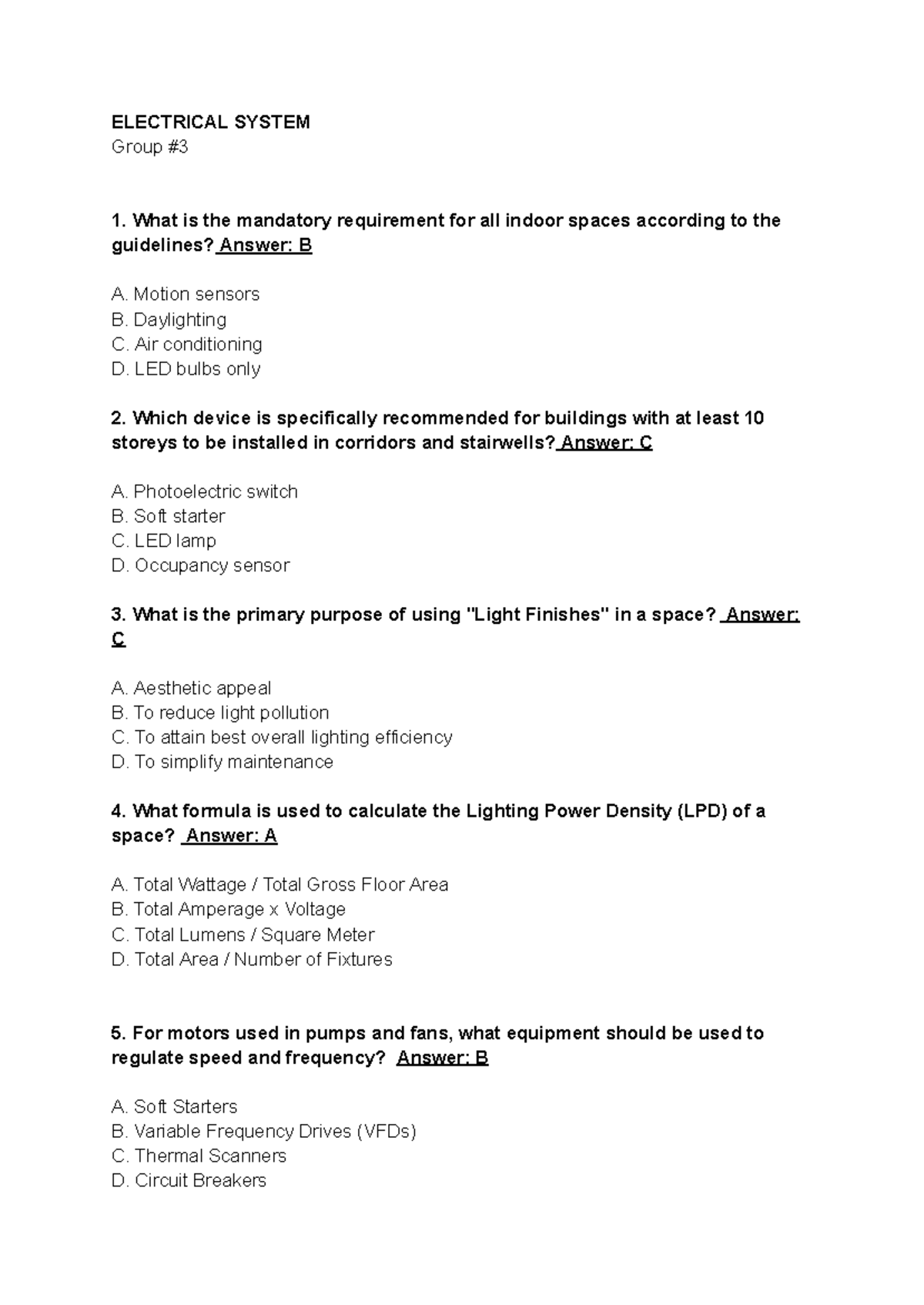 ELECTRICAL Group 1: Indoor Space Guidelines & Answer Key - Studocu