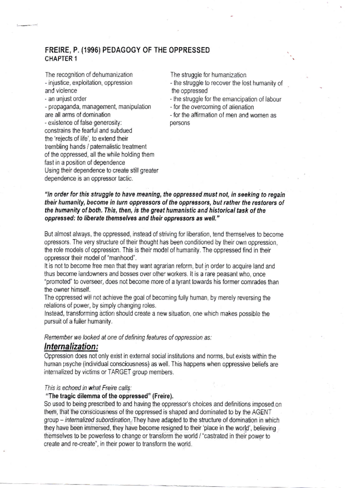 FRE 101: Summary of Chapter 1 - Pedagogy of the Oppressed - Studocu