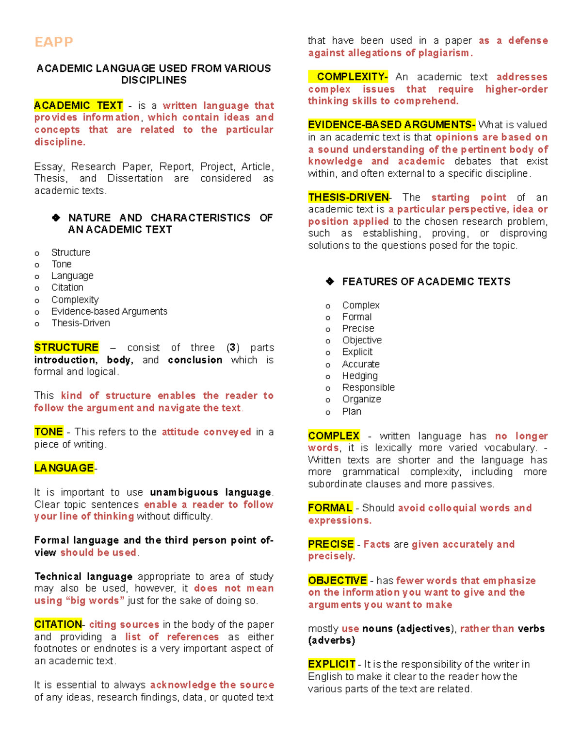 Academic Language USED FROM Various Disciplines - EAPP ACADEMIC ...