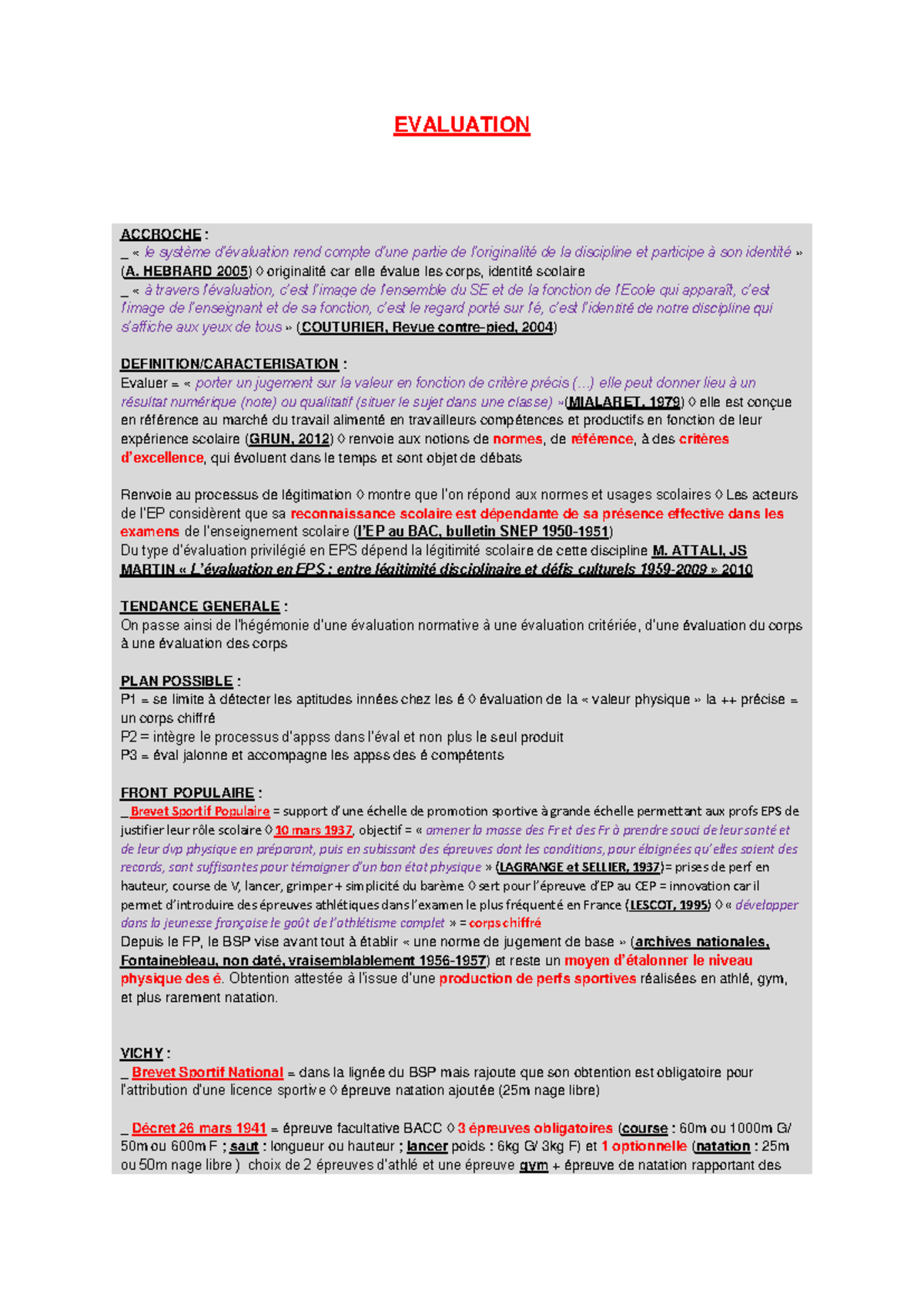 Evaluation E1 - fiche - EVALUATION ACCROCHE : _ « le système d’évaluation rend compte d’une ...