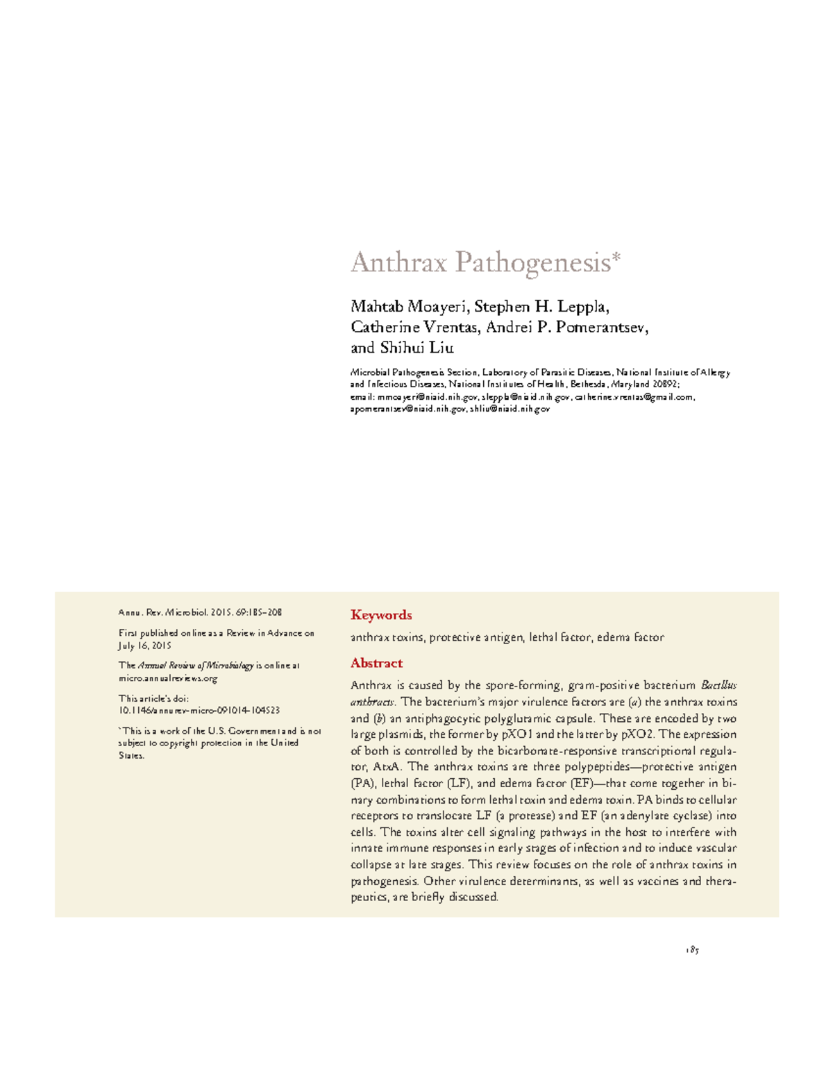 Anthrax Pathogenesis Annu Rev Micro - Anthrax Pathogenesis ∗ Mahtab ...