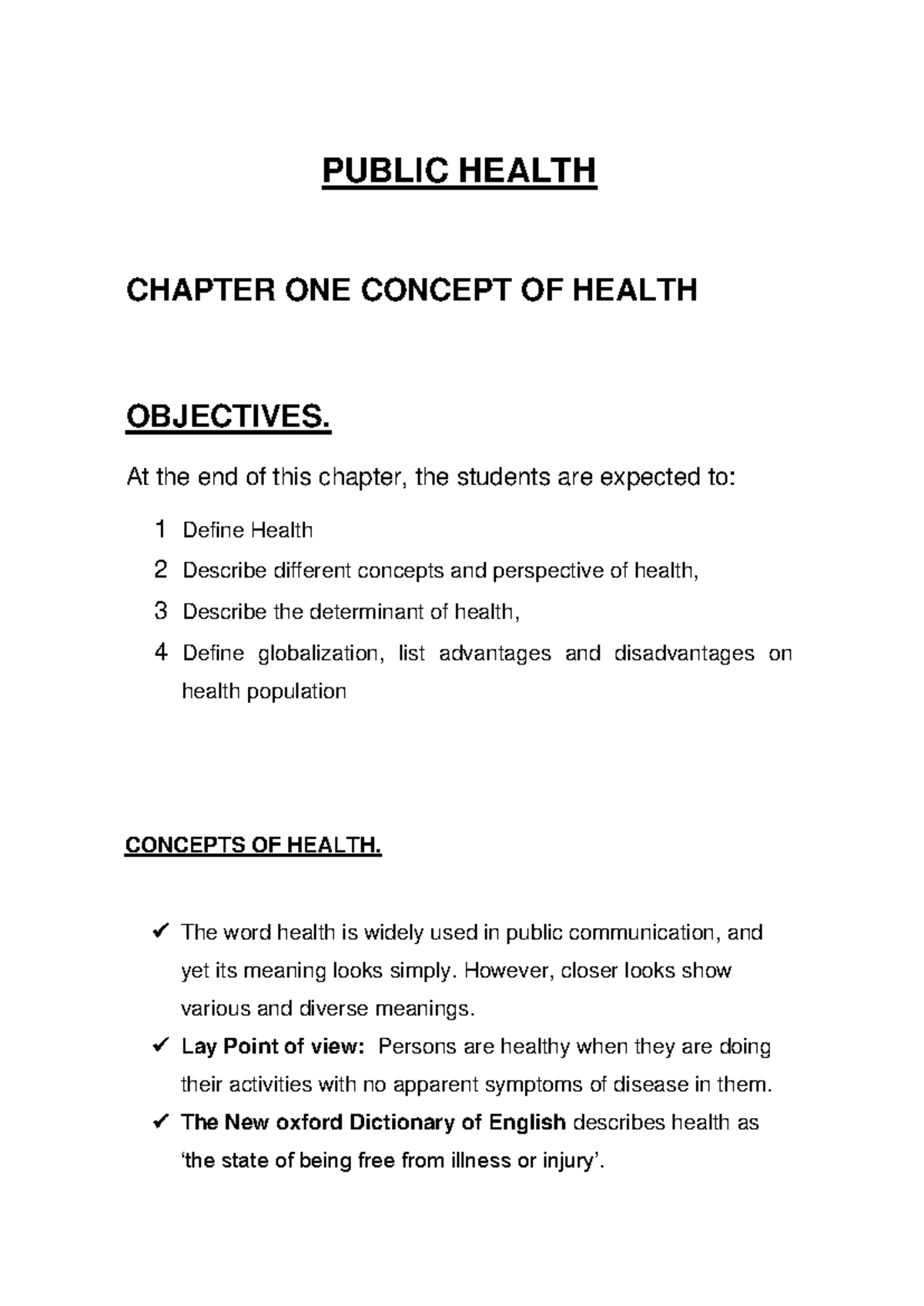 Lecture Notes on Public Health: Chapter 1 Health Concepts ...