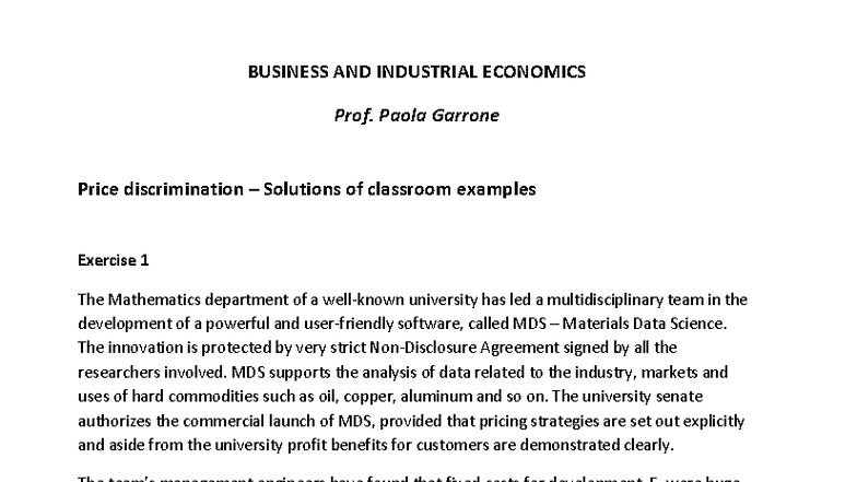 BIE 2024-2025 Price Discrimination Classroom Examples Solutions - Studocu