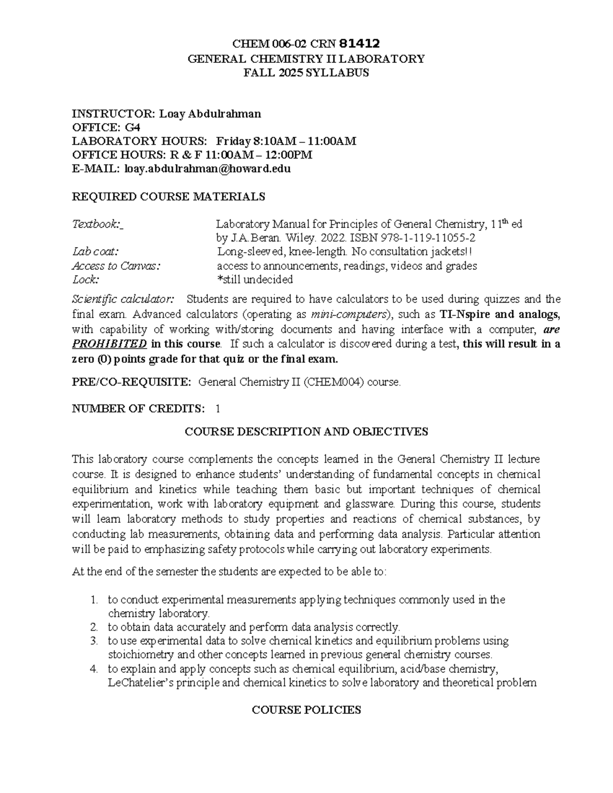CHEM 006 Fall 2025 General Chemistry II Lab Syllabus - Studocu
