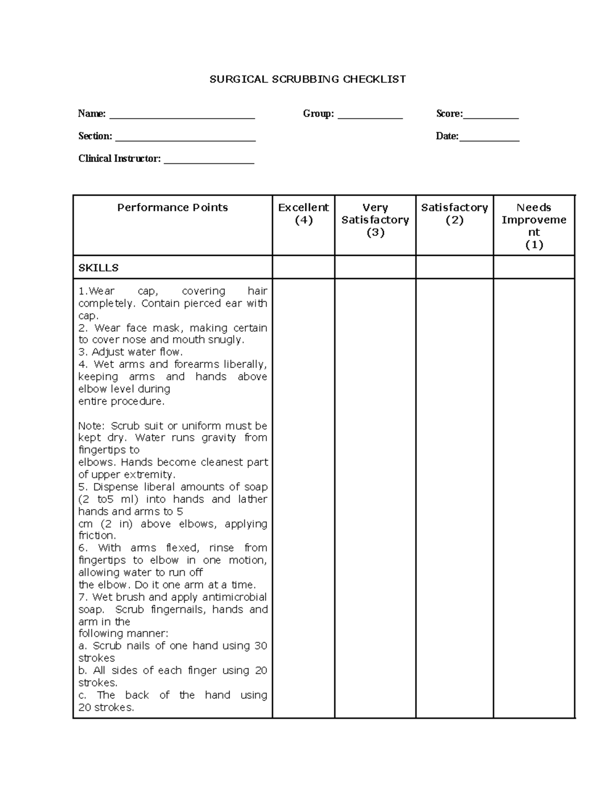 Surgical Scrubbing - study notes - SURGICAL SCRUBBING CHECKLIST Name