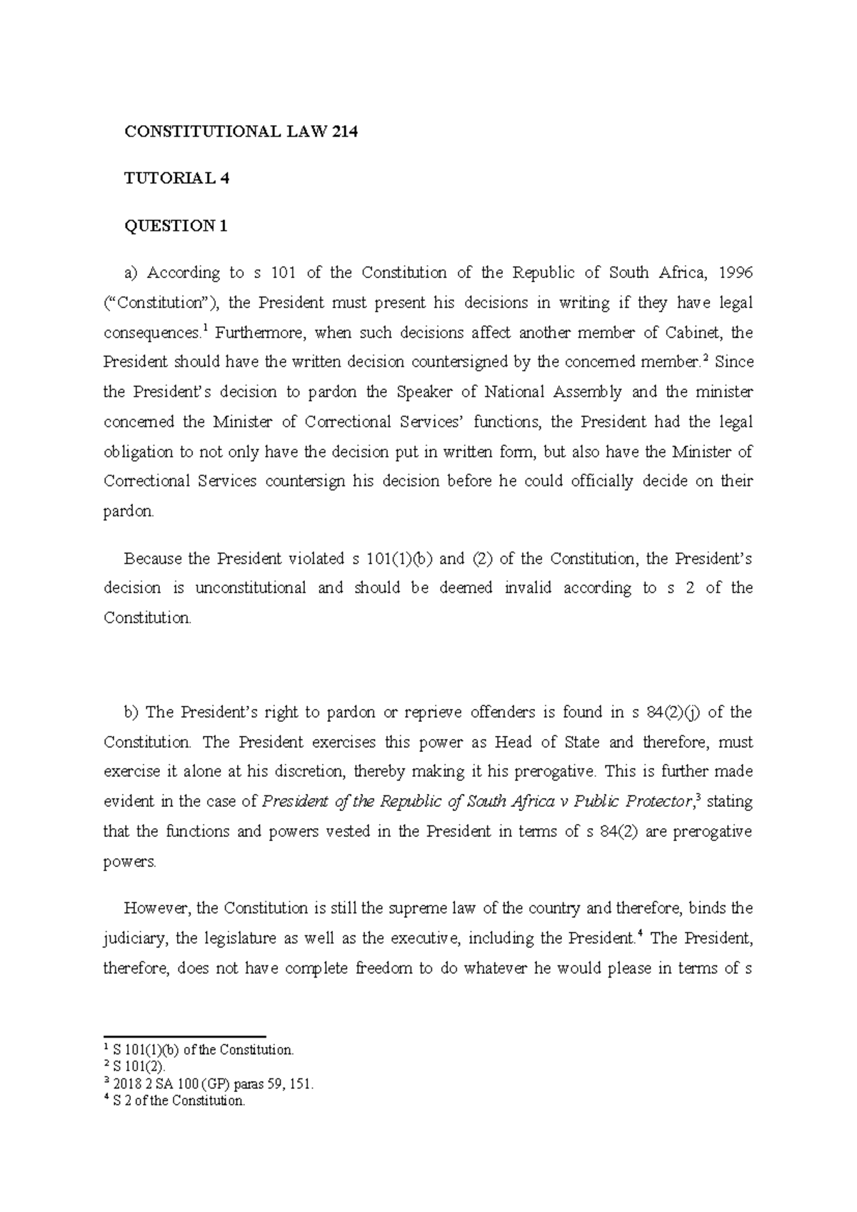Constitutional Law 214 Tutorial 4: Analysis of Presidential Powers and - Studocu