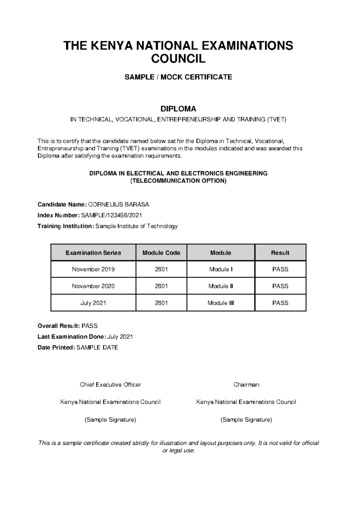 Improved Sample Diploma Certificate in Electrical & Electronics (TVET ...