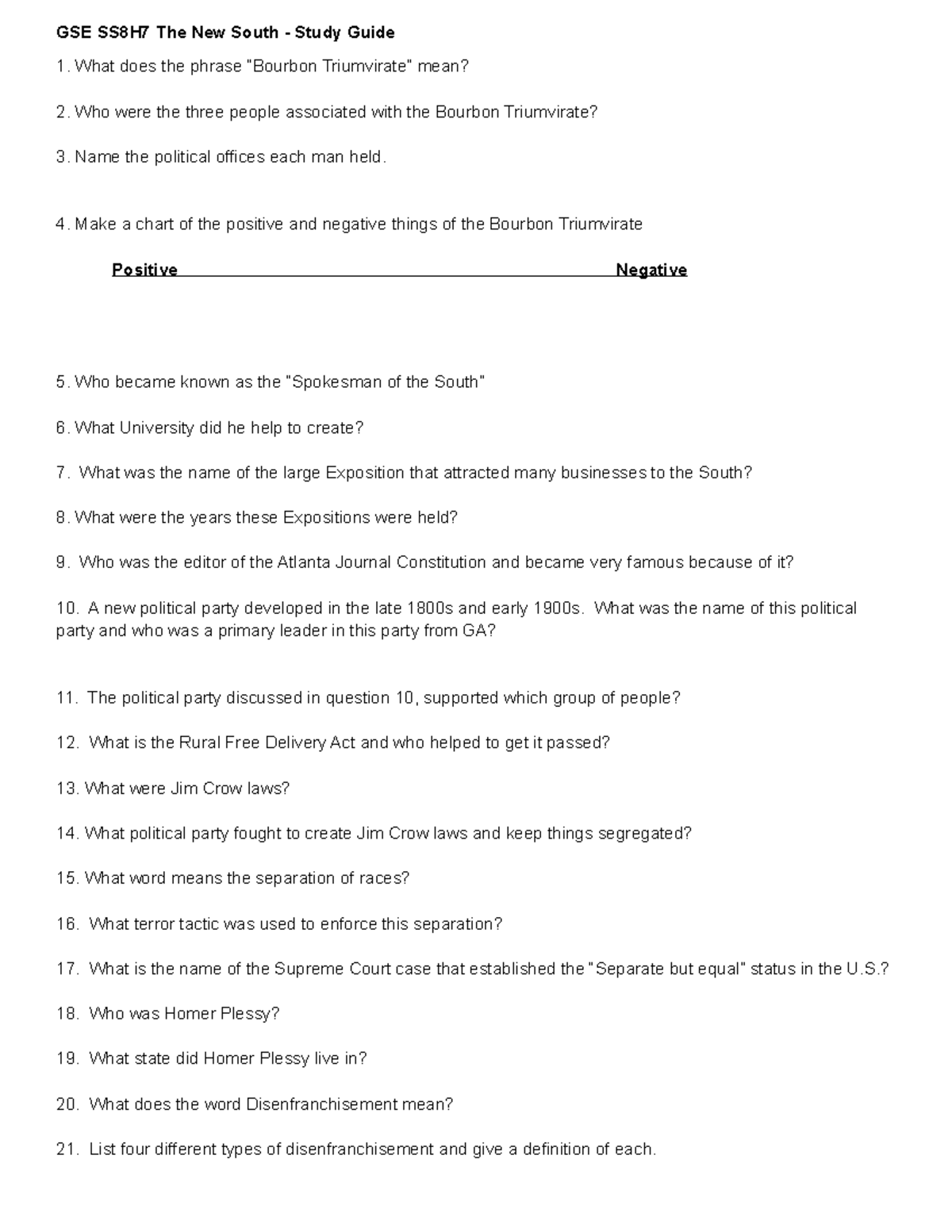 GSE SS8H7 - The New South Study Guide & Key Concepts - Studocu