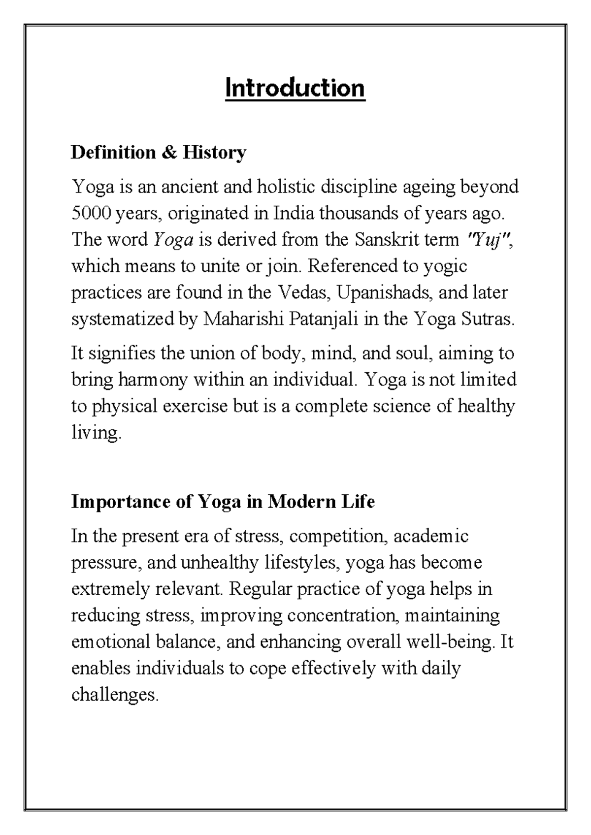 Yoga Project - Synopsis: History, Importance, and Practices - Studocu