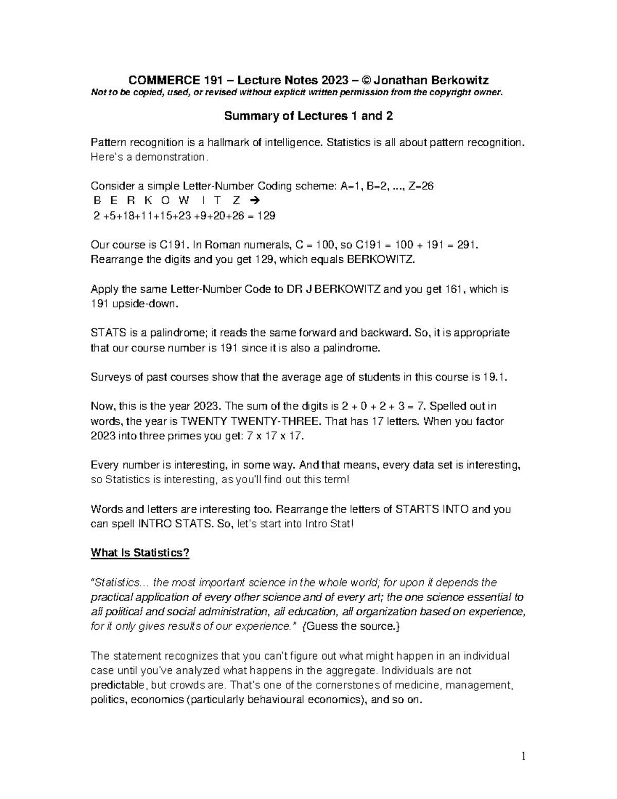 C191 2023(2022W2) Lectures 1 2 - COMMERCE 191 – Lecture Notes 2023 ...