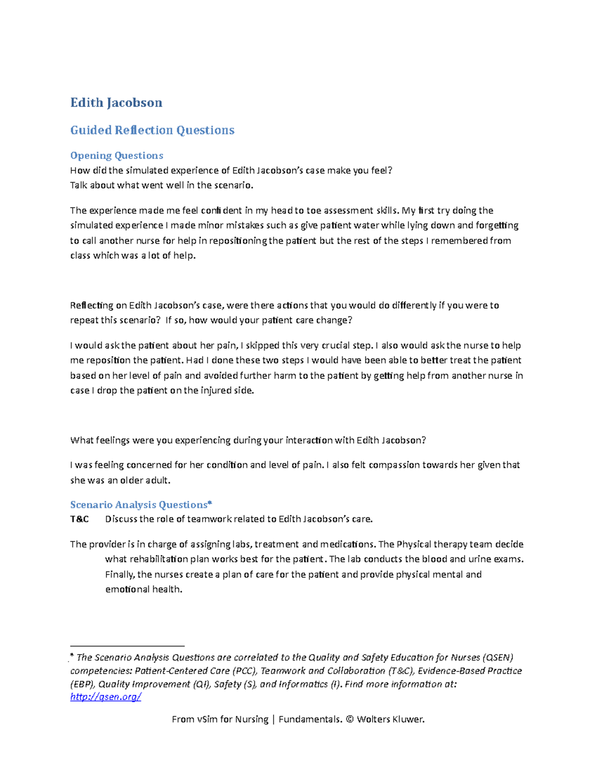 VSIM Case Study: Reflection on Patient Care for Edith Jacobson - Studocu