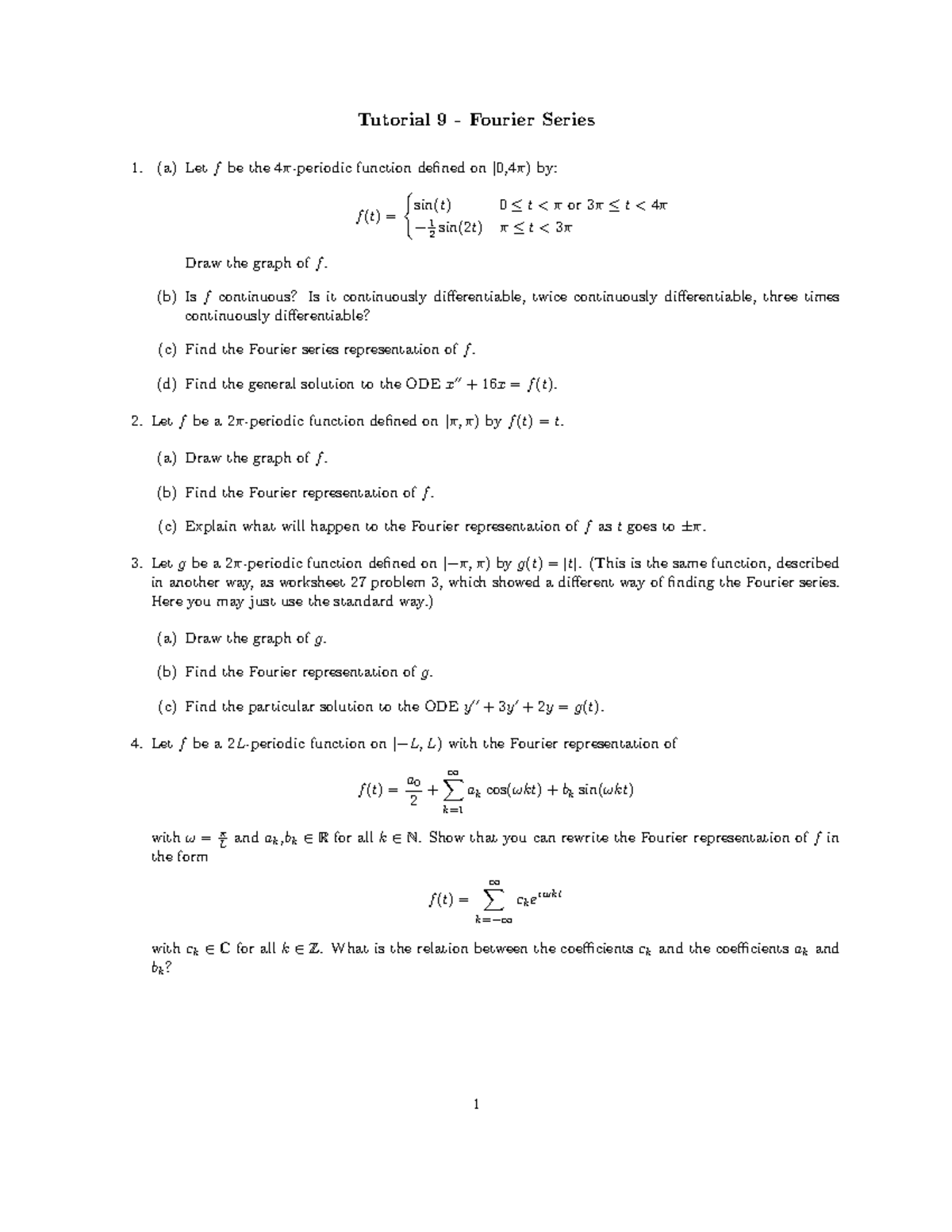 Tt09 w23-prob - Fourier Series - Tutorial 9 - Fourier Series (a) Let f ...