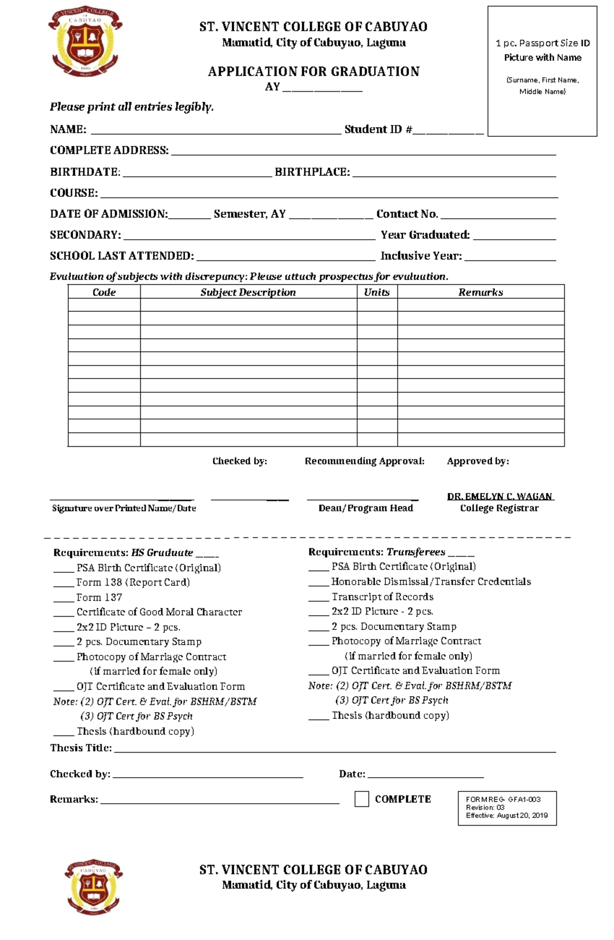 F3 Graduation Application Form - St. Vincent College - Studocu
