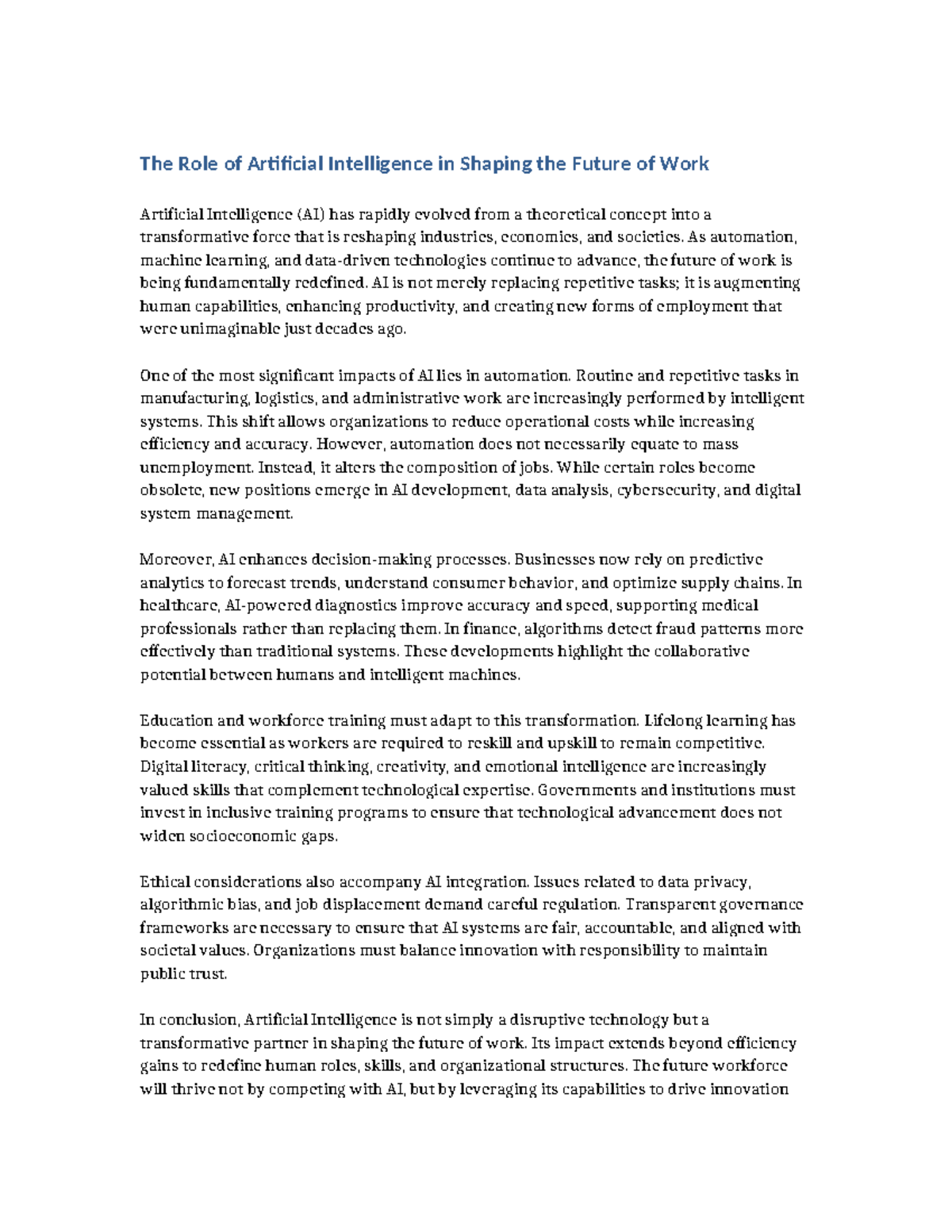 Essay 1: AI's Transformative Role in the Future of Work - Studocu