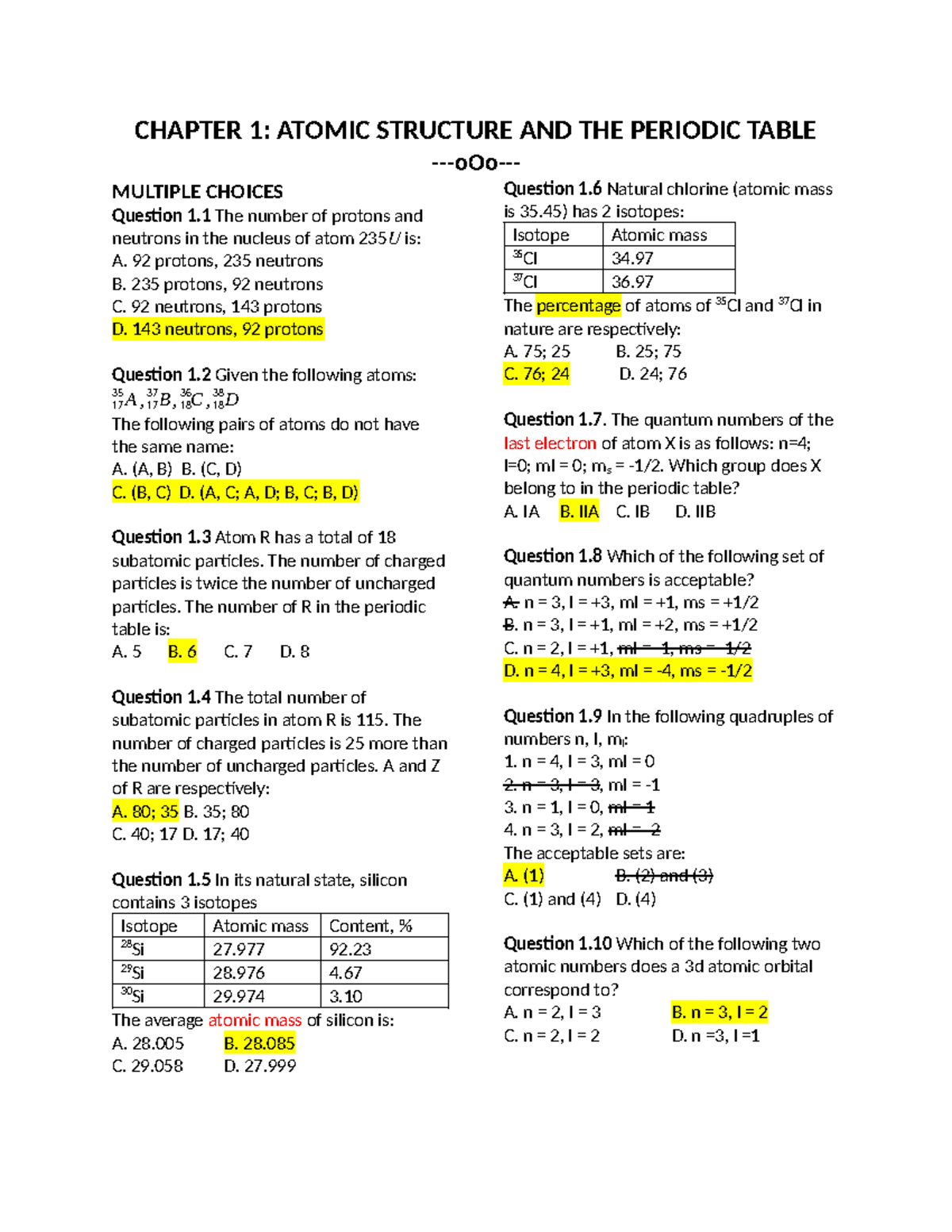 CHAPTER 1: ATOMIC STRUCTURE & PERIODIC TABLE PRACTICE QUESTIONS - Studocu