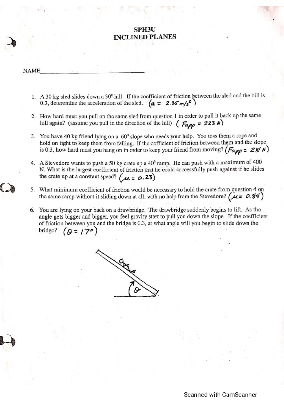 SPH3U Inclined Plane Assignment: Friction and Forces Analysis - Studocu