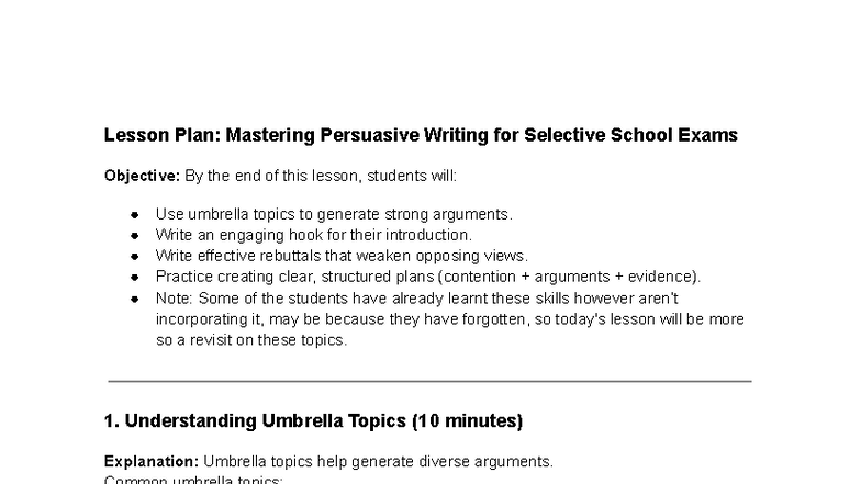 Lesson Plan: Persuasive Writing Skills for Selective School Exams - Studocu