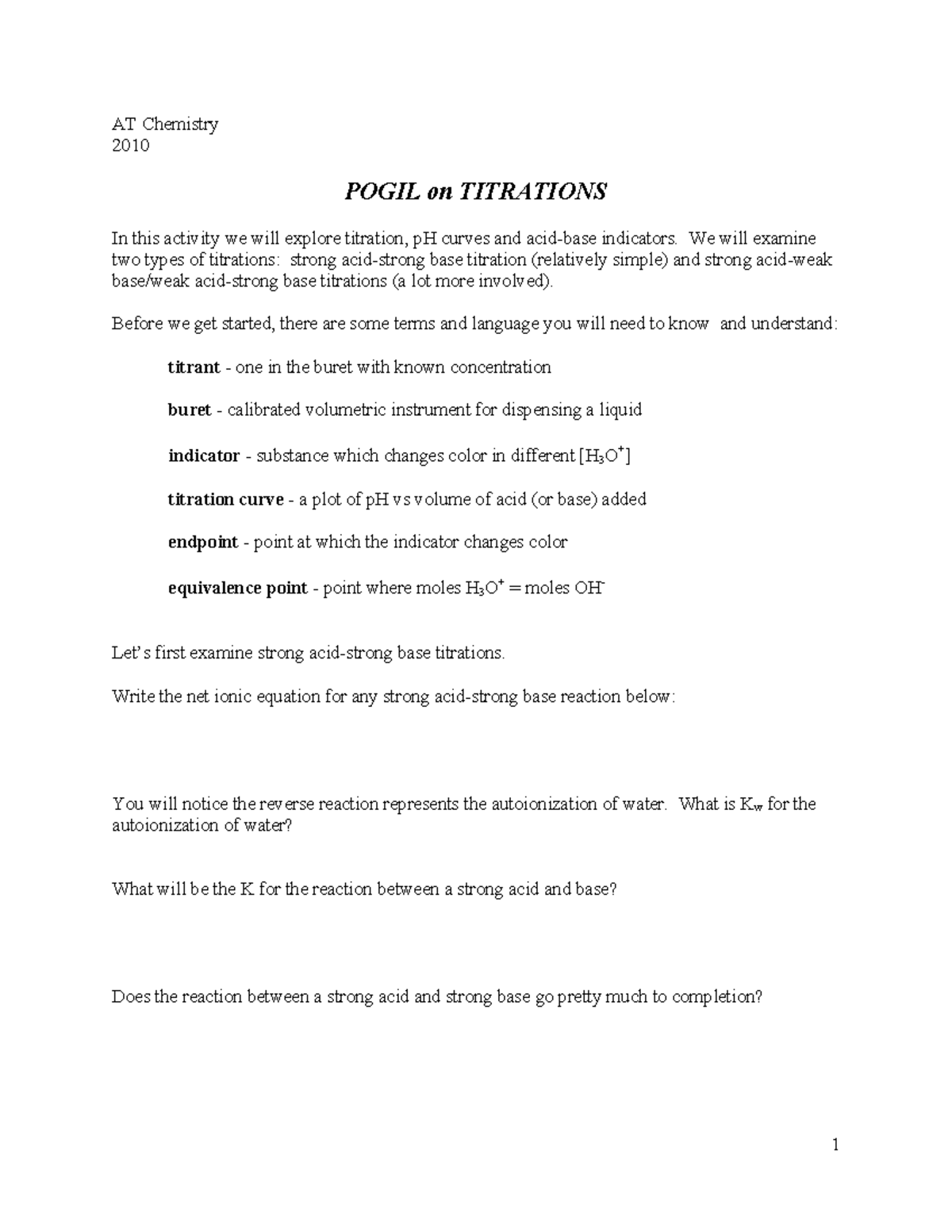 AT Chemistry POGIL: Understanding Titrations and pH Curves - Studocu