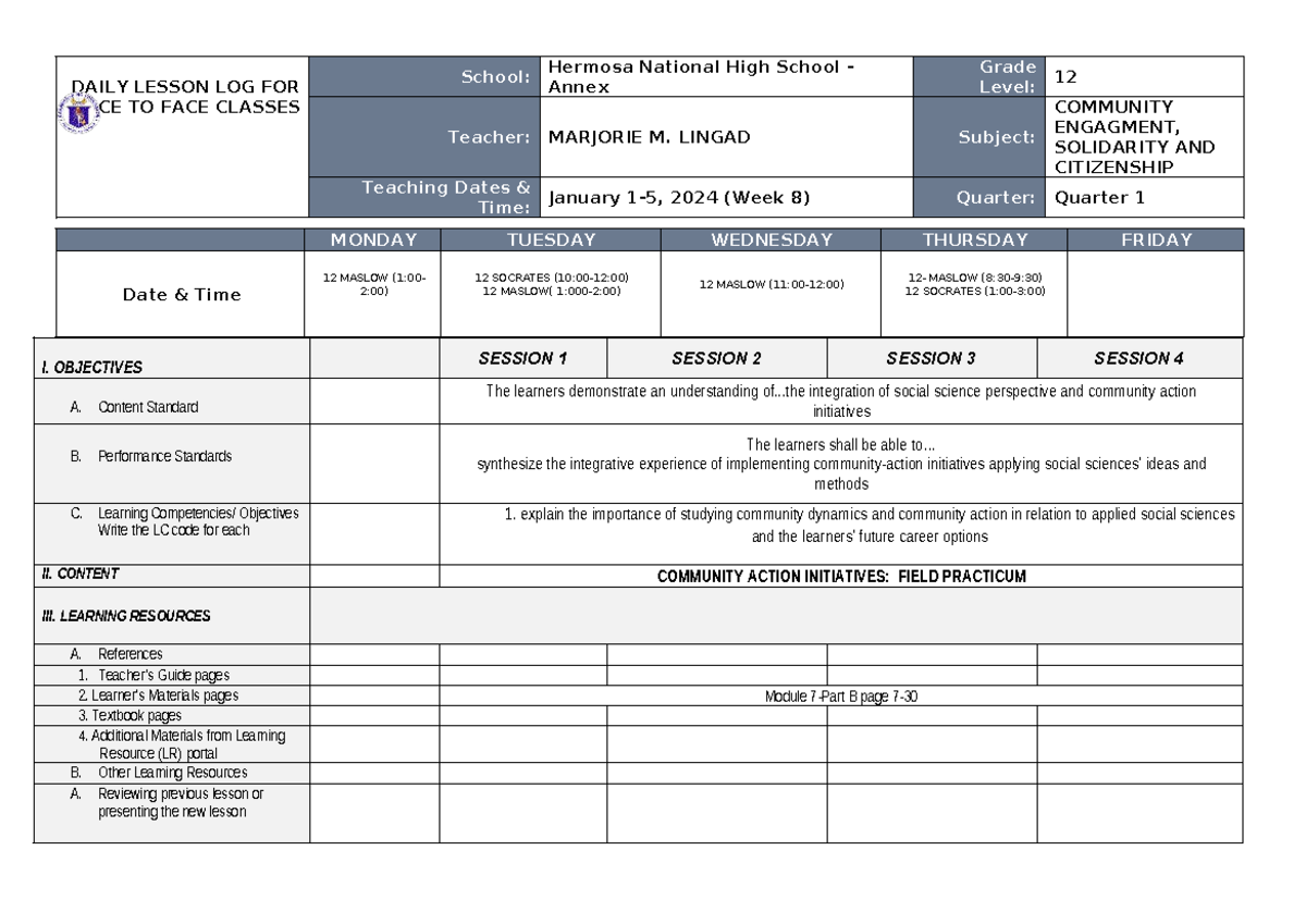 DLL CESC Week 8: Daily Lesson Log for Community Engagement - Studocu