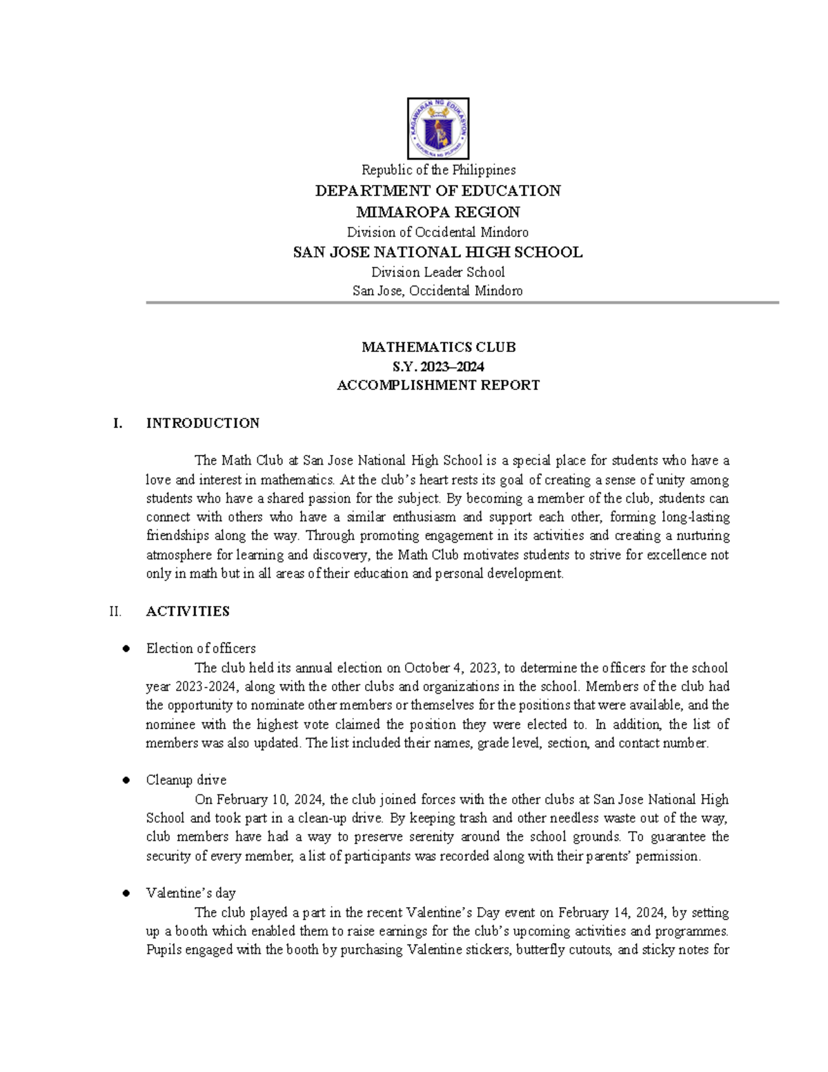 Math Club Accomplishment Report for SY 2023-2024 - Studocu