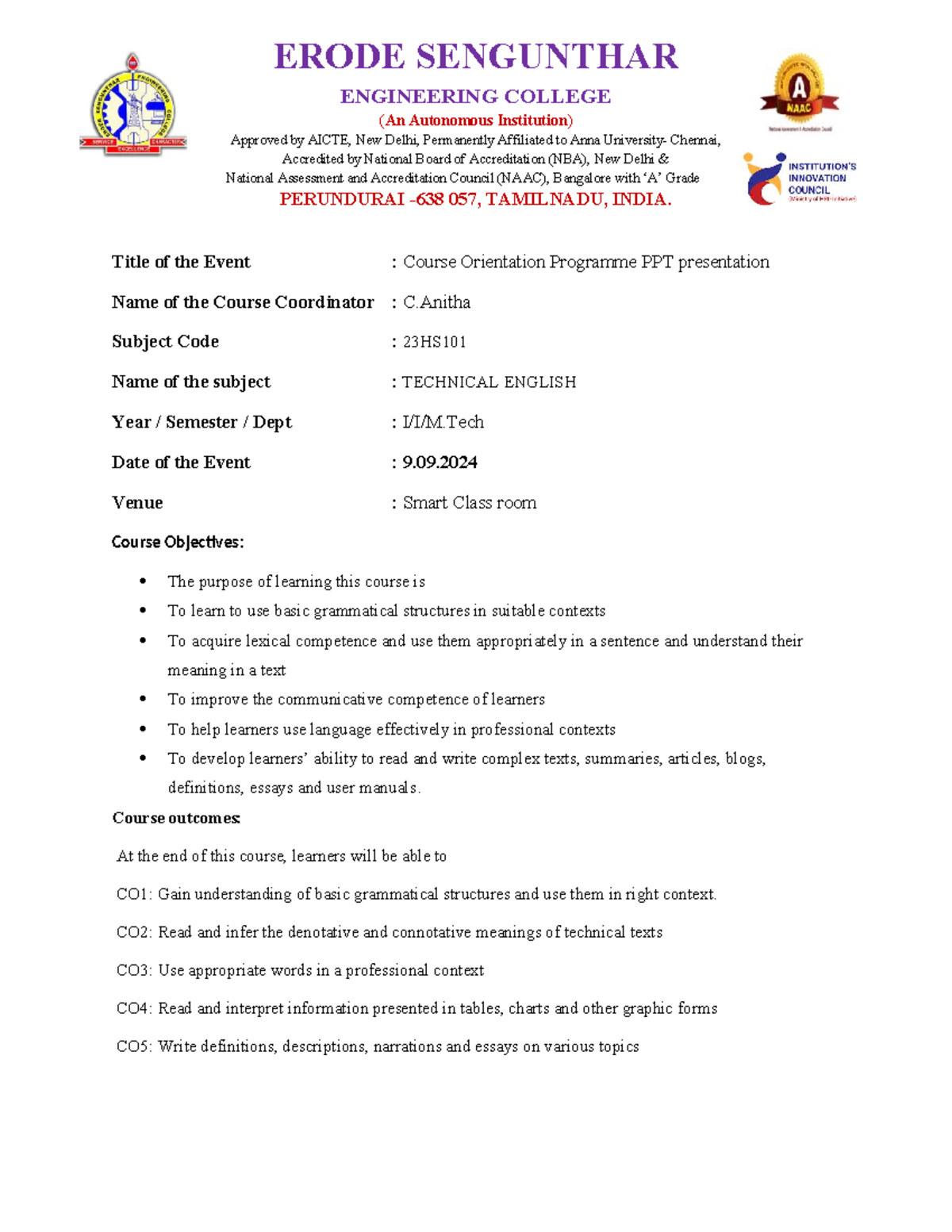 COP POST Event Report for 23HS101: Technical English - Studocu