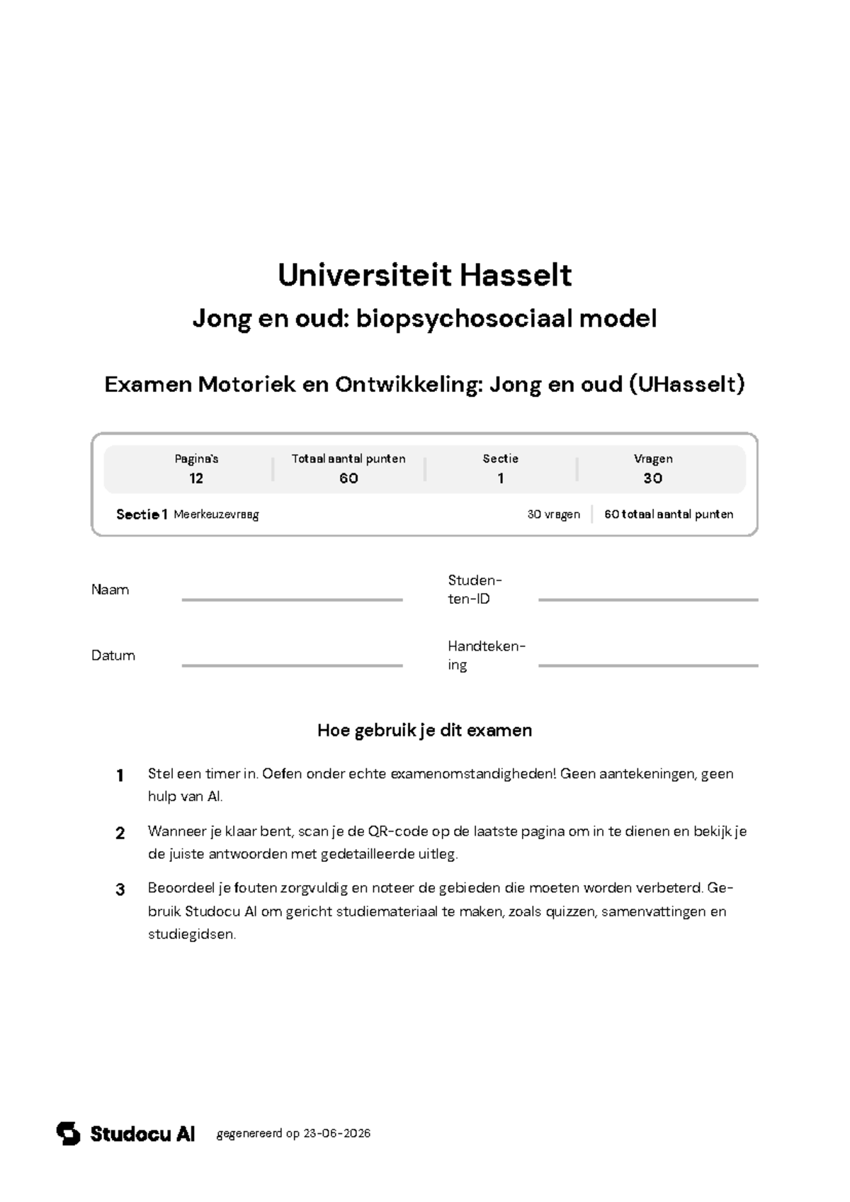 Examen Motoriek en Ontwikkeling: Jong en oud (UHasselt) - Studocu