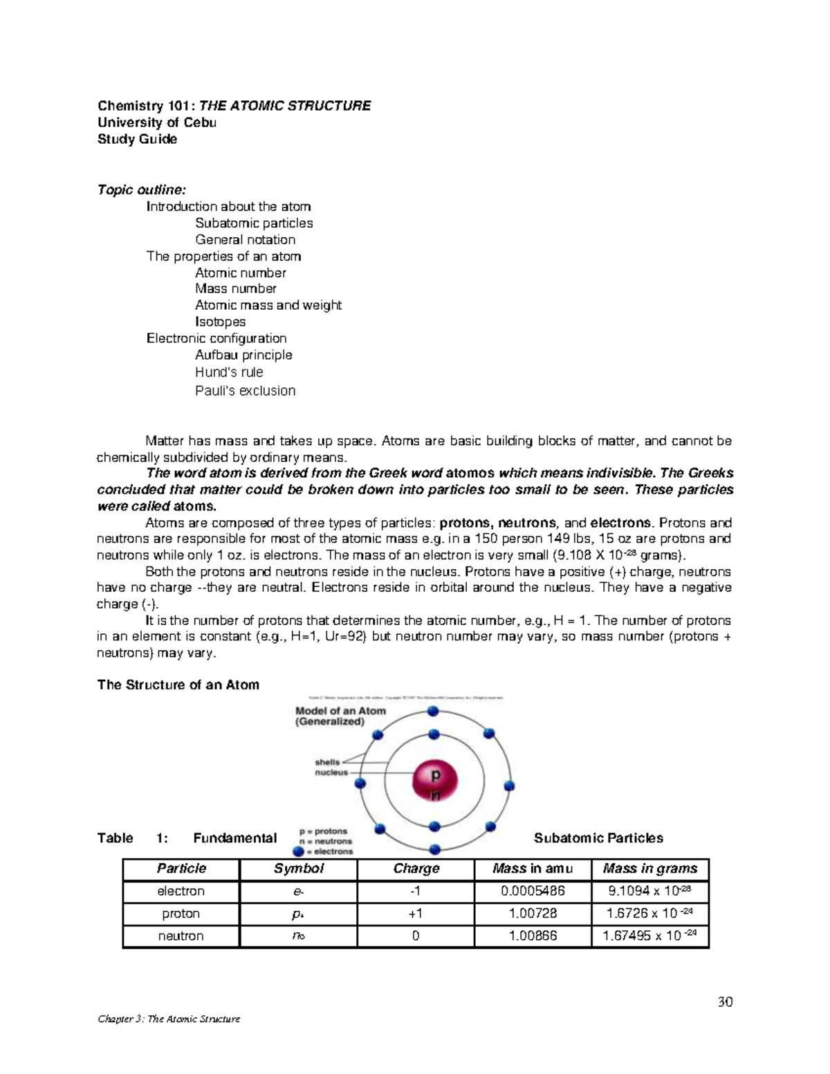 Atoms - 30 Chemistry 101: THE ATOMIC STRUCTURE University of Cebu Study ...