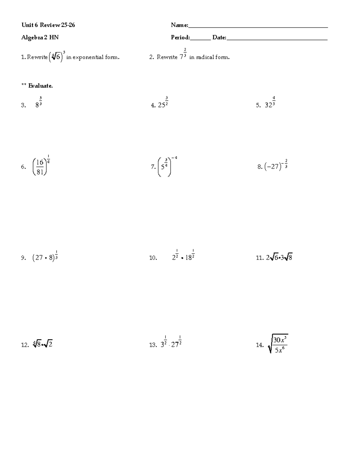 Unit 6 Review Algebra 2 HN: Solving Radical Equations - Studocu