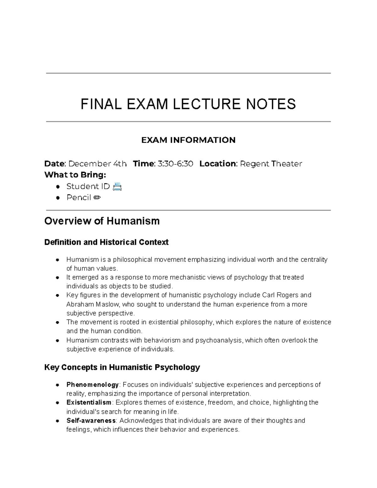 Final Exam Notes on Humanistic Psychology (PSY 101) - Studocu