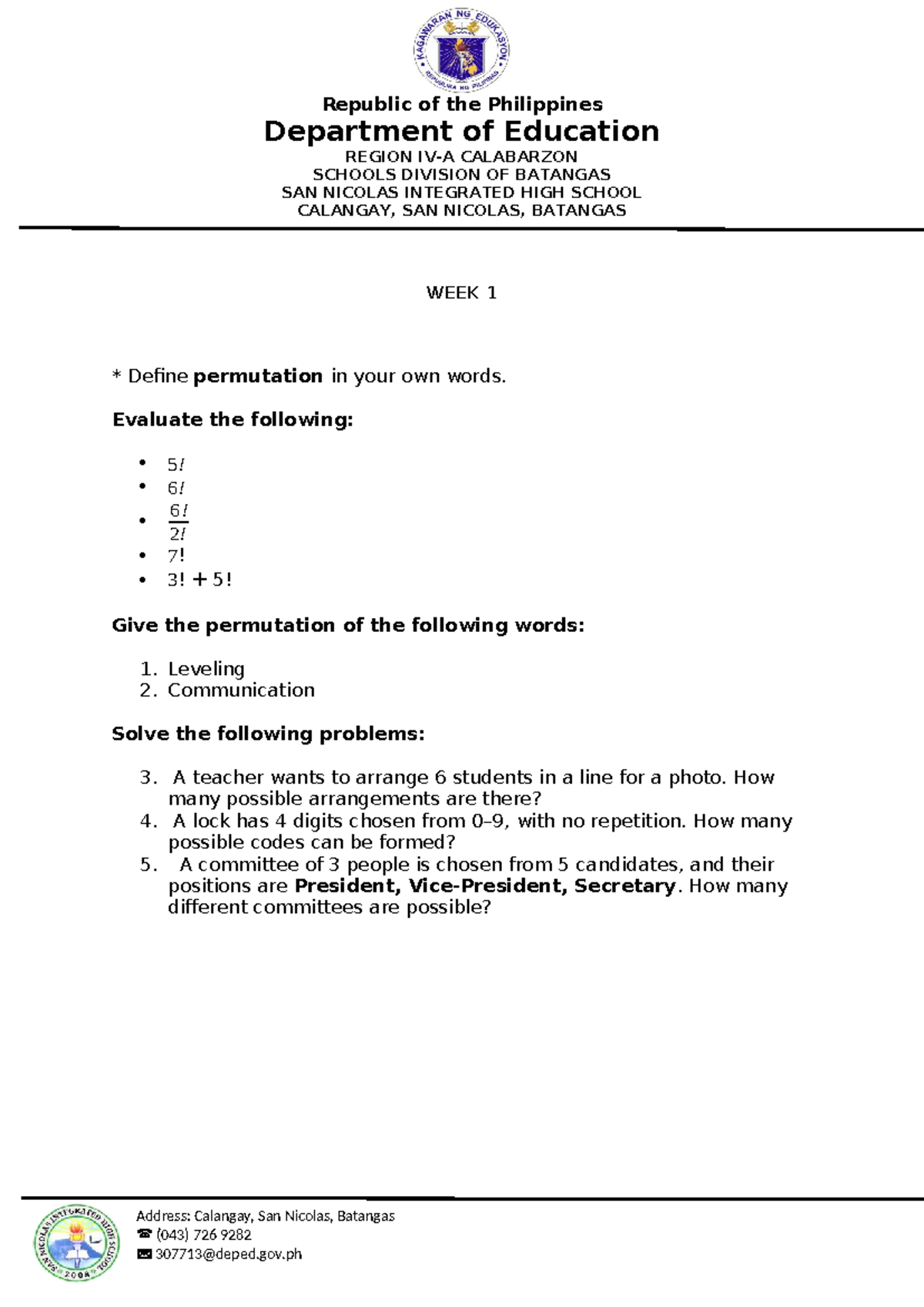 WEEKLY ASSIGNMENTS ON PERMUTATIONS & COMBINATIONS (Q3) - Studocu