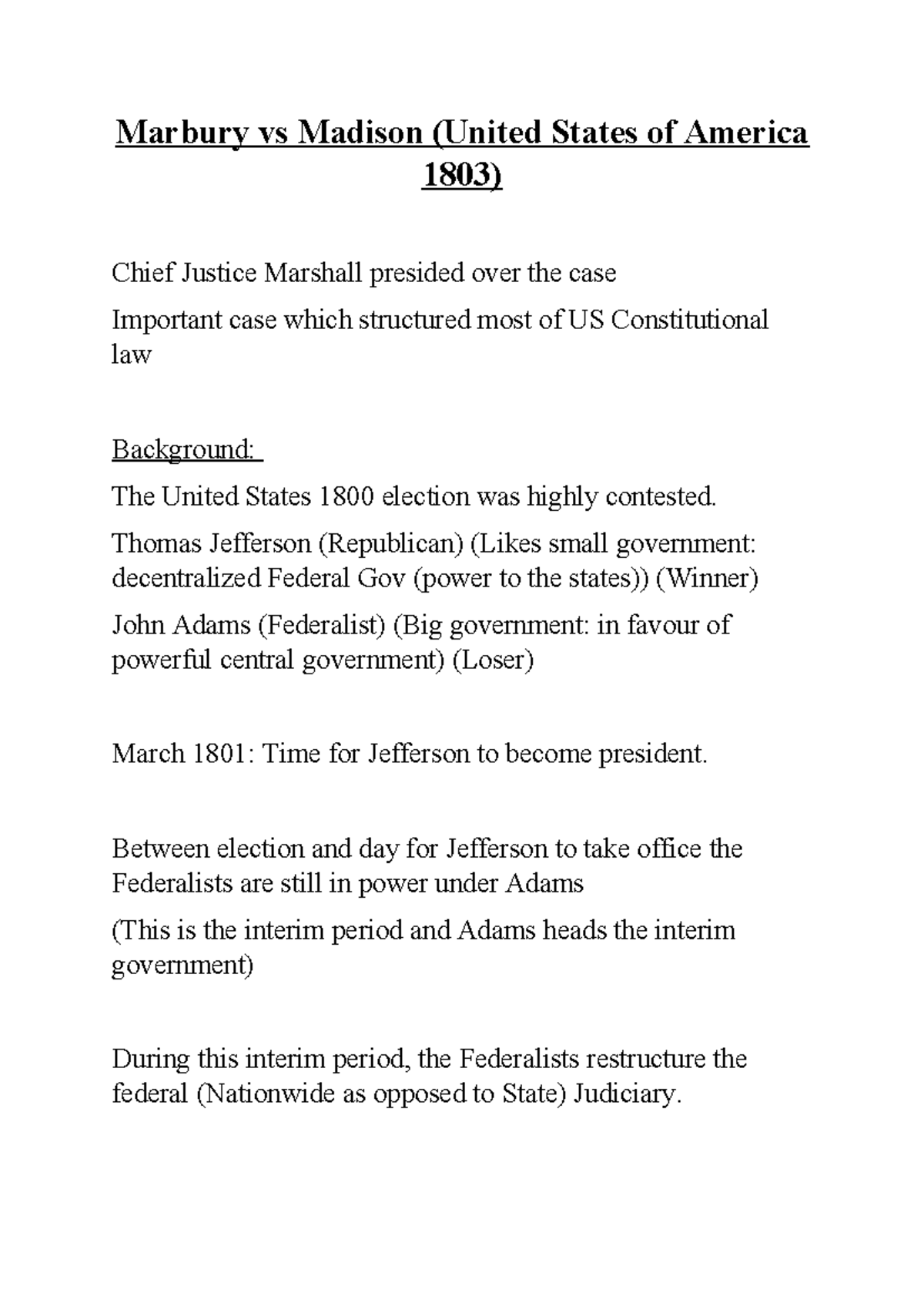 Marbury vs Madison (USA 1803) - Landmark Case on Judicial Review - Studocu