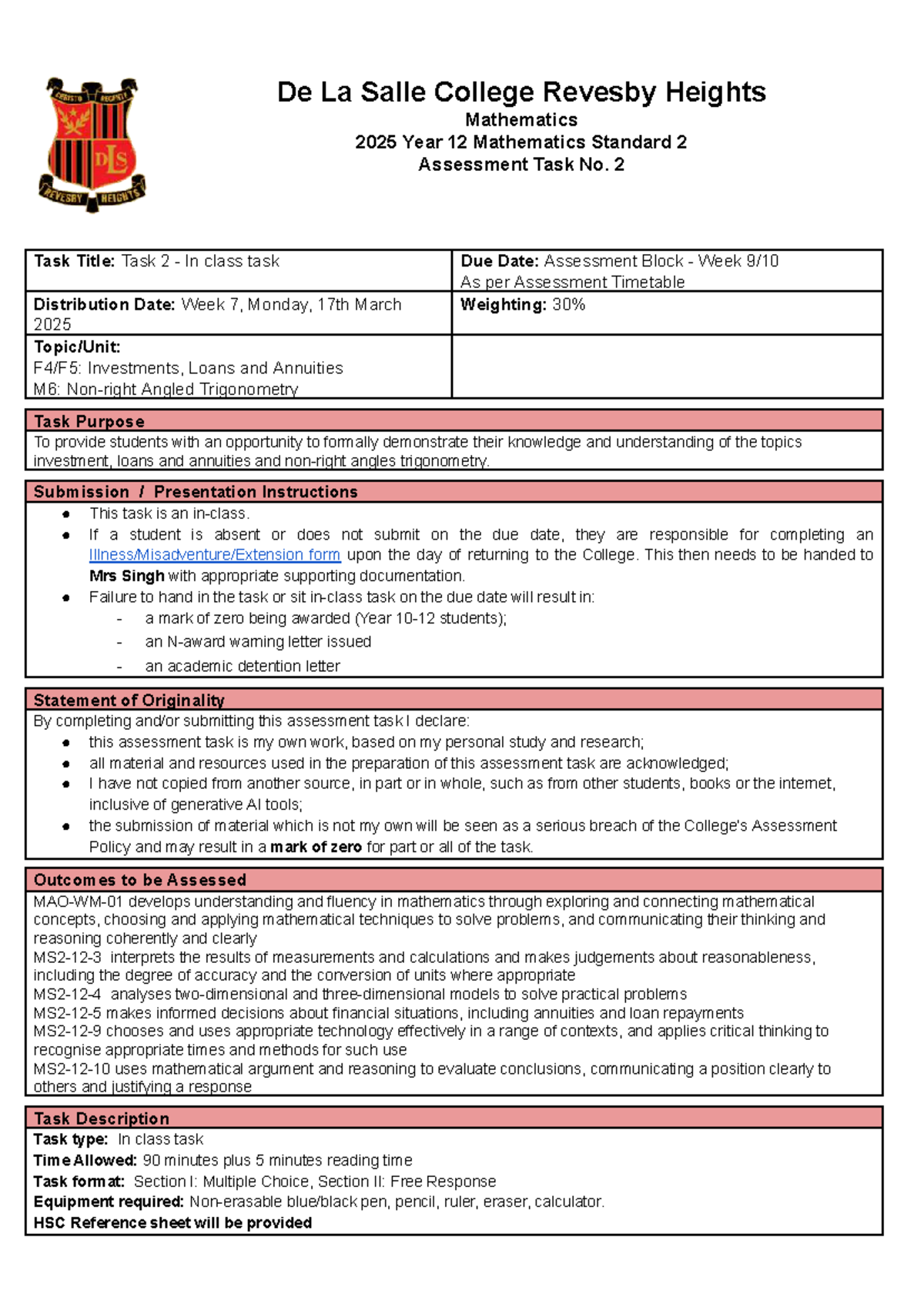 Year 12 Mathematics Standard 2 Assessment Task 2: Investments ...