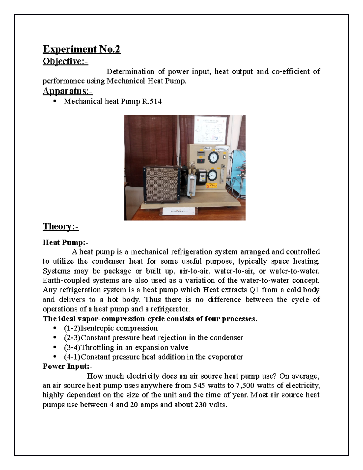 Lab Session 3: Mechanical Heat Pump Experiment and Analysis - Studocu