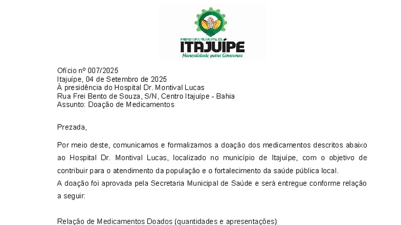 Ofício de Doação de Medicamentos ao Hospital Dr. Montival Lucas - Studocu