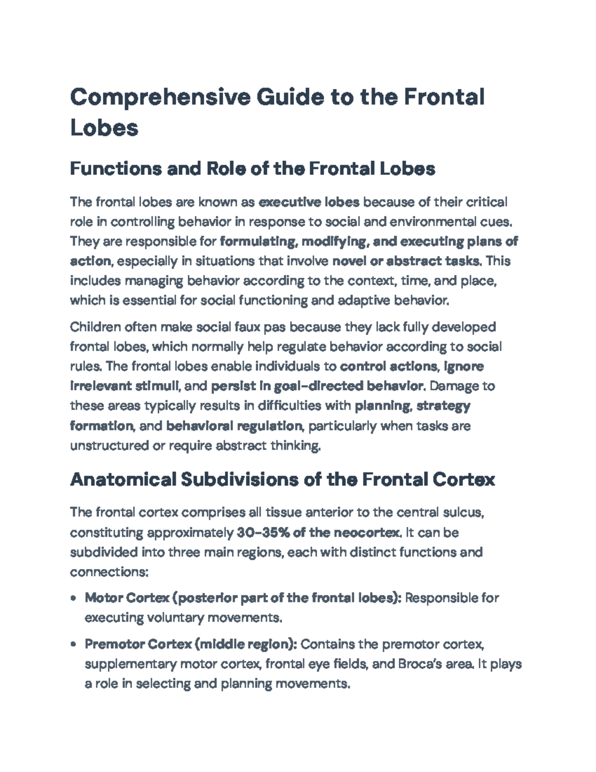 Comprehensive Overview of Frontal Lobe Functions & Impairments (PSY 101 ...