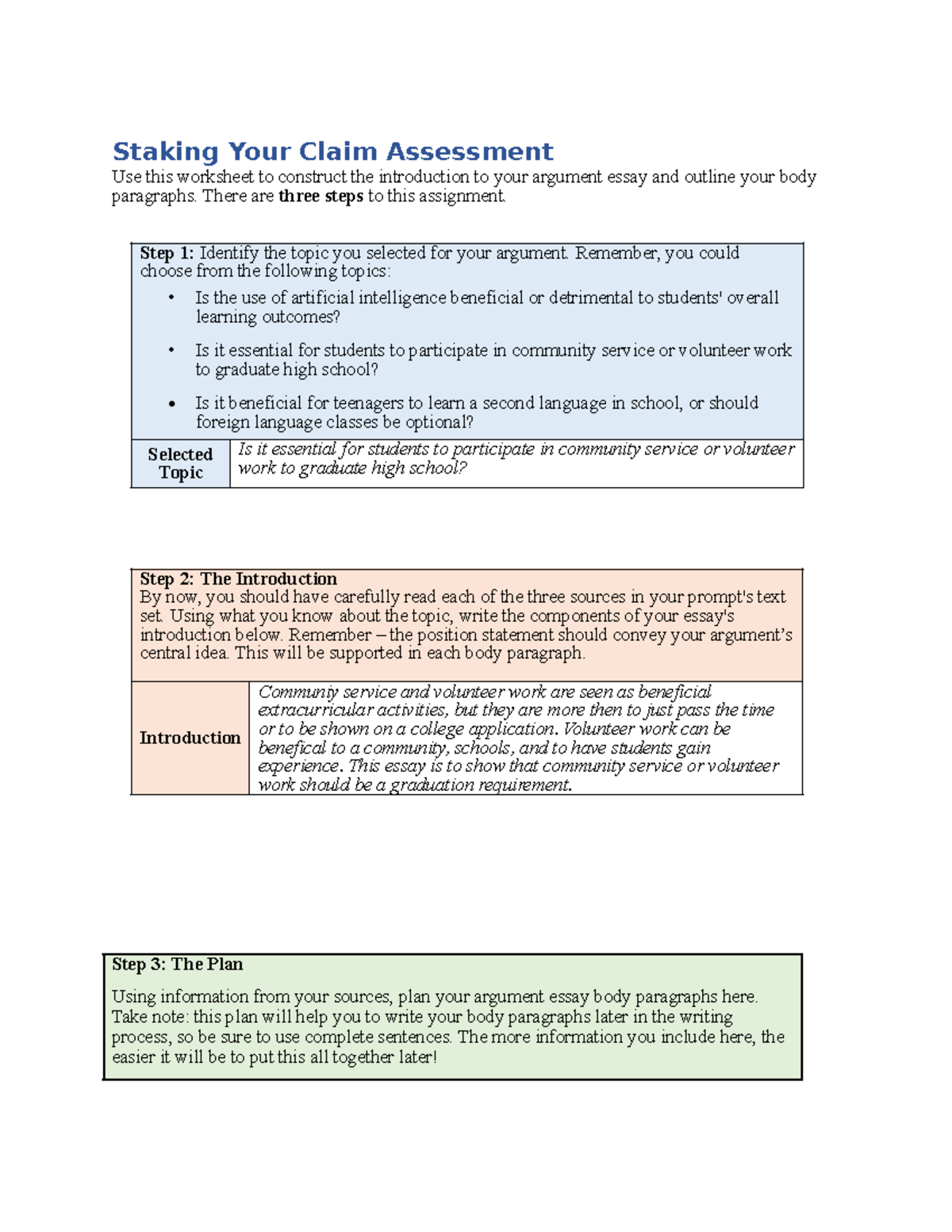 04 04 staking your claim - Staking Your Claim Assessment Use this ...