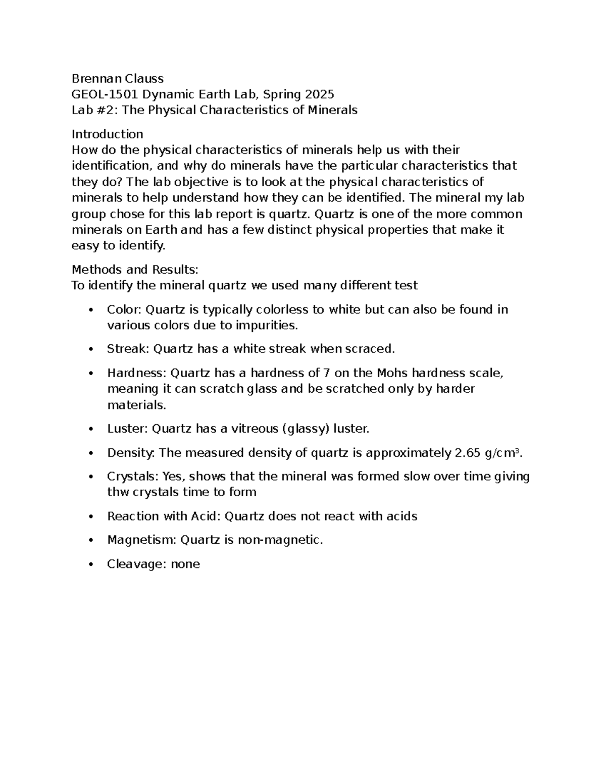 Lab report 2 - Brennan Clauss GEOL-1501 Dynamic Earth Lab, Spring 2025 ...