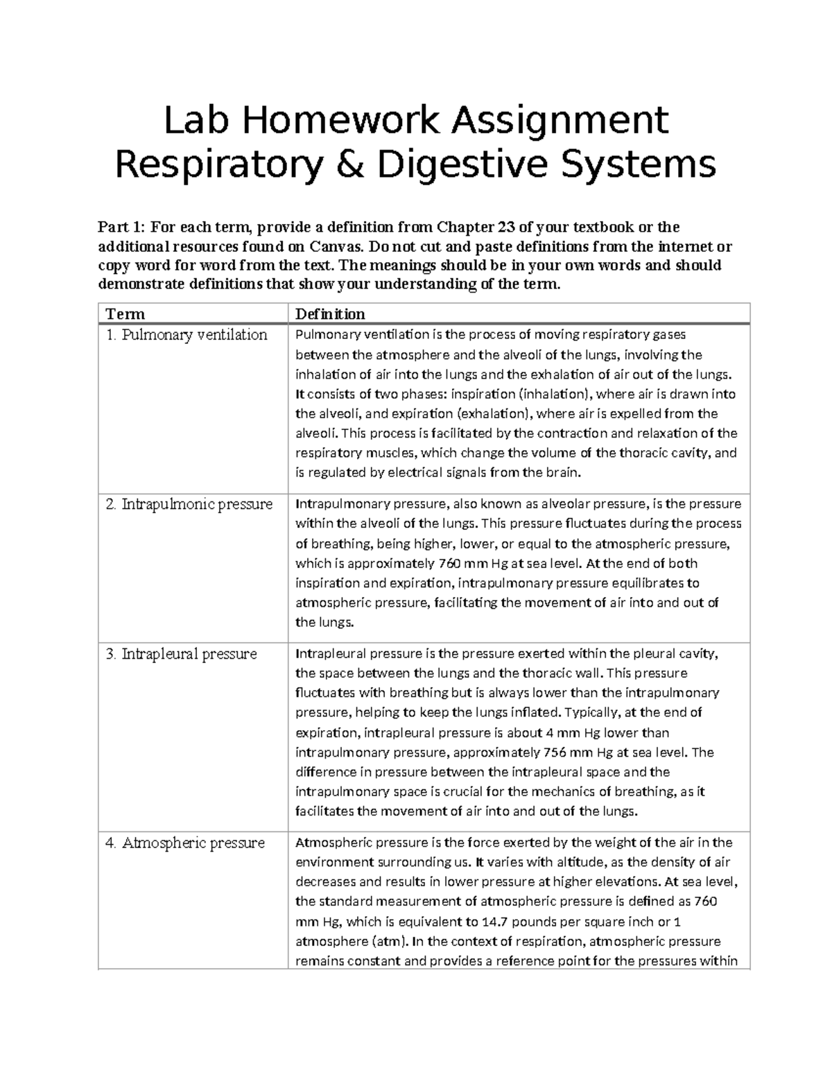 Respiratory & Digestive Systems Lab HW 220: Definitions & Concepts ...