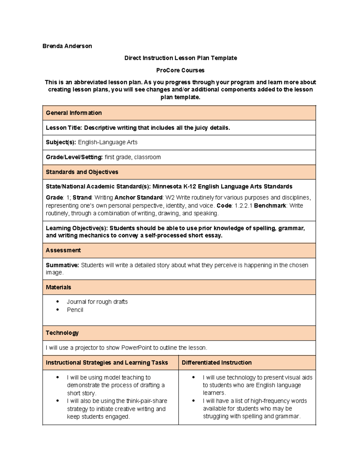 D658 Task 2: Direct Instruction Lesson Plan for Descriptive Writing ...