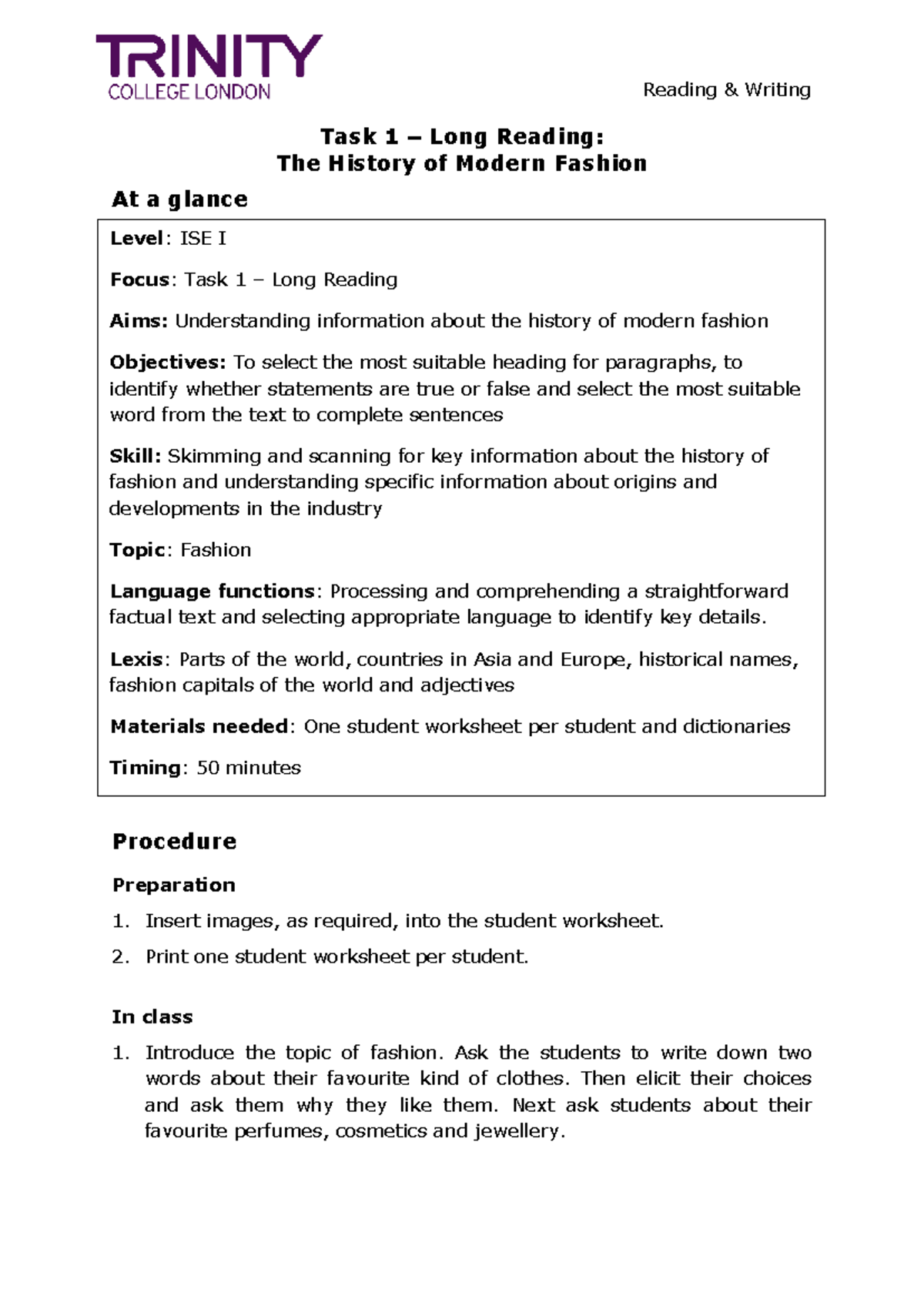 ISE I Reading Writing Task 1: The History of Modern Fashion - Studocu