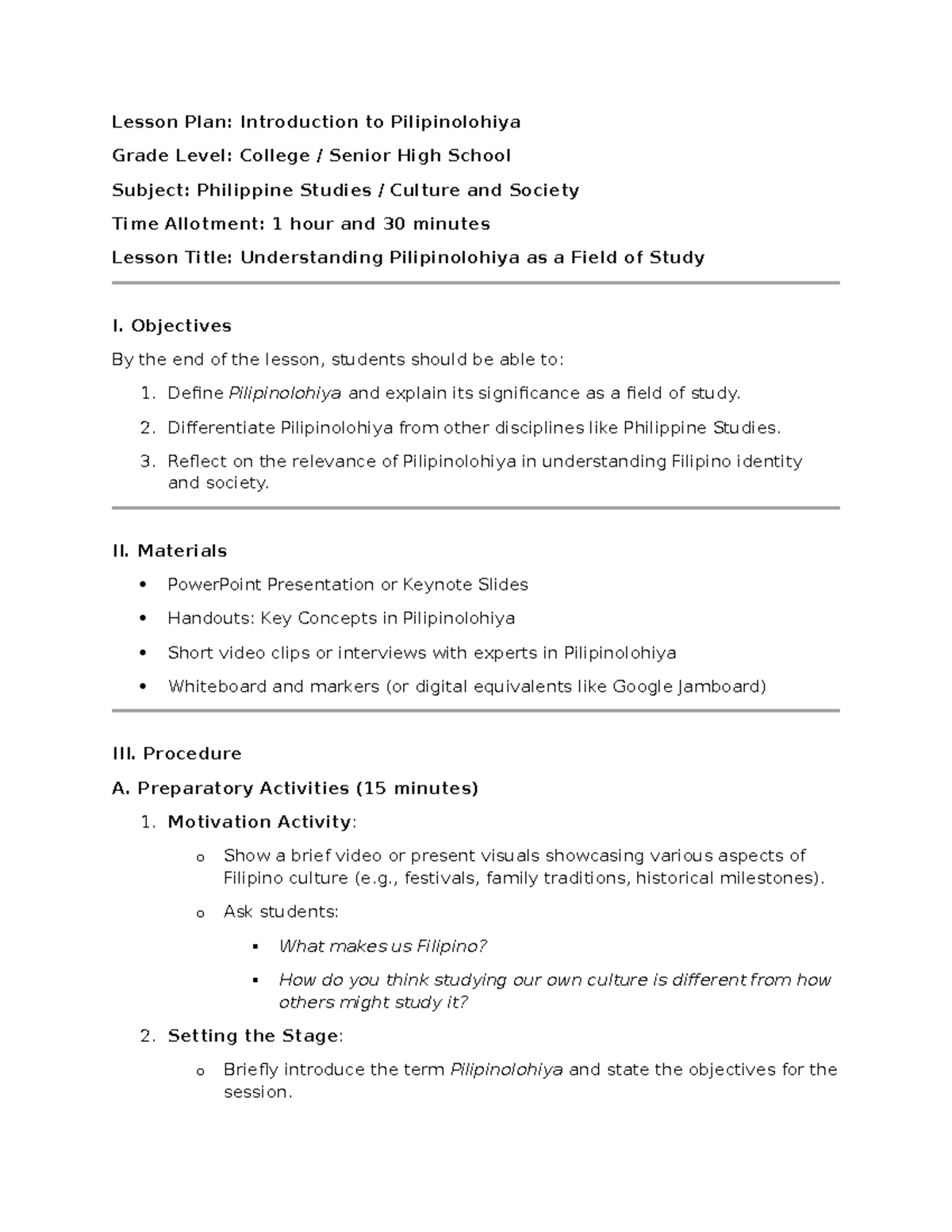 Lesson Plan in DISS (Pilipinolohiya): Understanding Pilipinolohiya ...