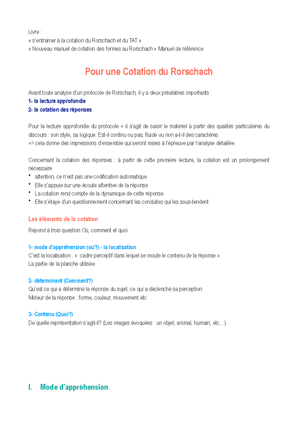 Manuel de Cotation pour le Rorchach - Livre : « s’entraîner à la ...