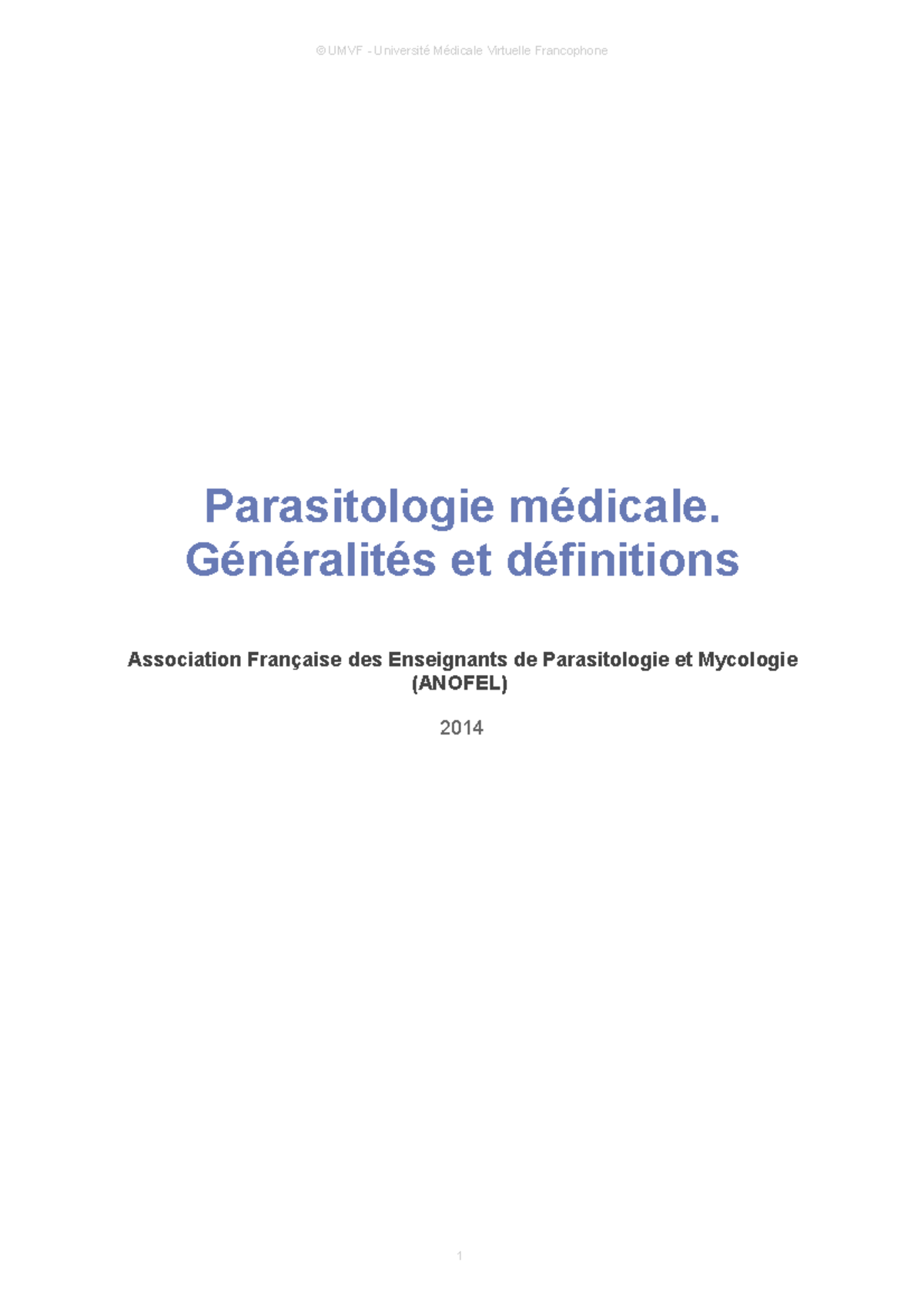 Généralités en Parasitologie Médicale - Cours 1 - Studocu