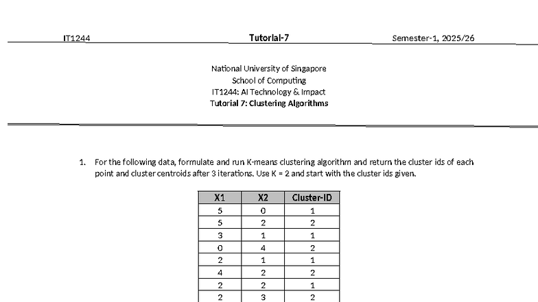 IT1244: AI Technology Impact - Tutorial 7 Solutions on Clustering - Studocu