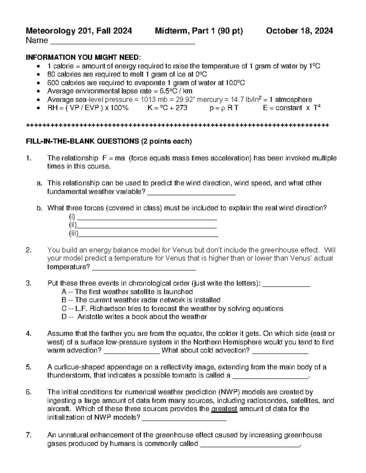 Meteorology 201, Fall 2024 - Midterm Exam Part 1 (90 pts) - Studocu