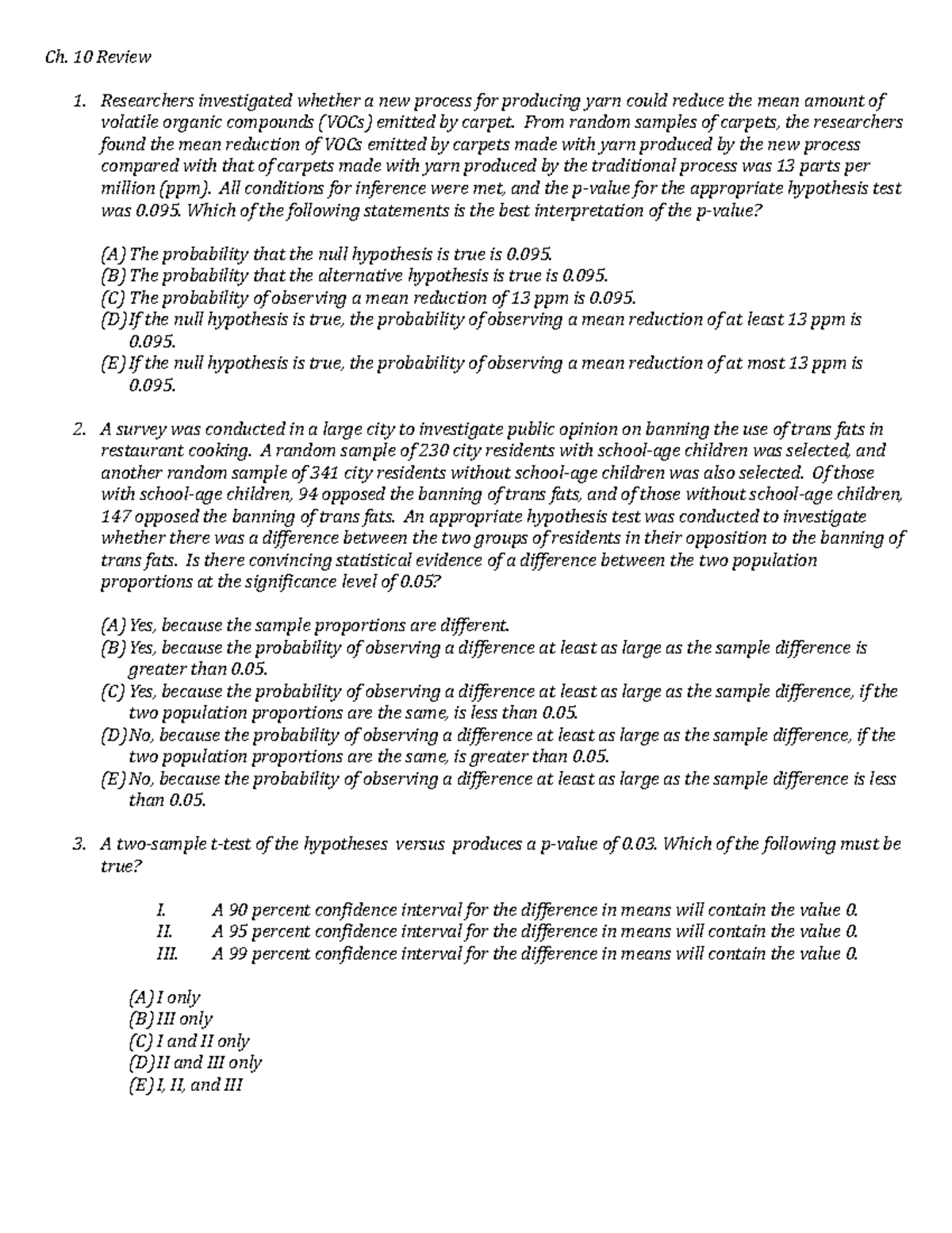 Ch 10 MCQ Review - Statistical Inference 2018 - Studocu